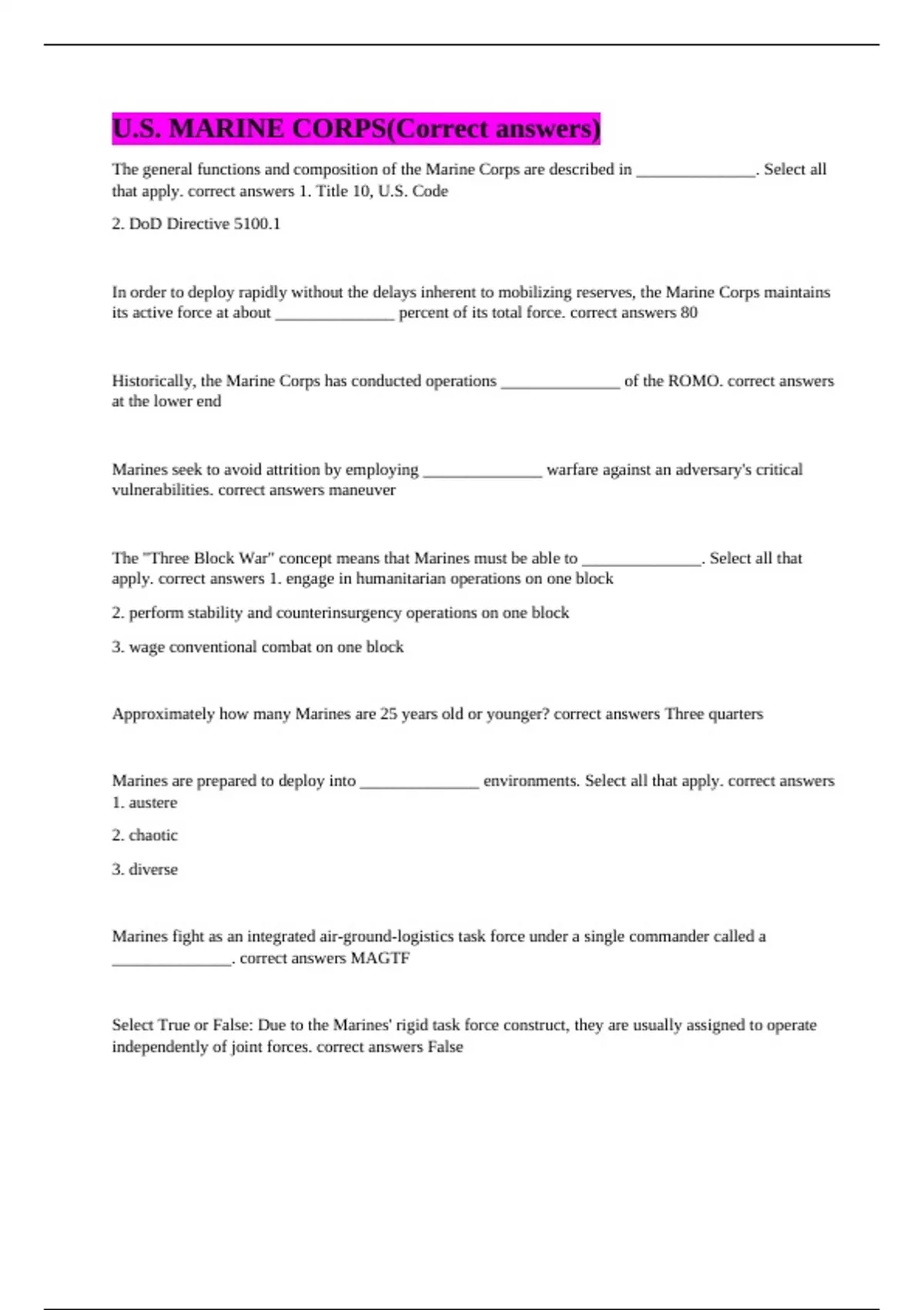 U.S. MARINE CORPS(Correct answers) - Marine Corp - Stuvia US