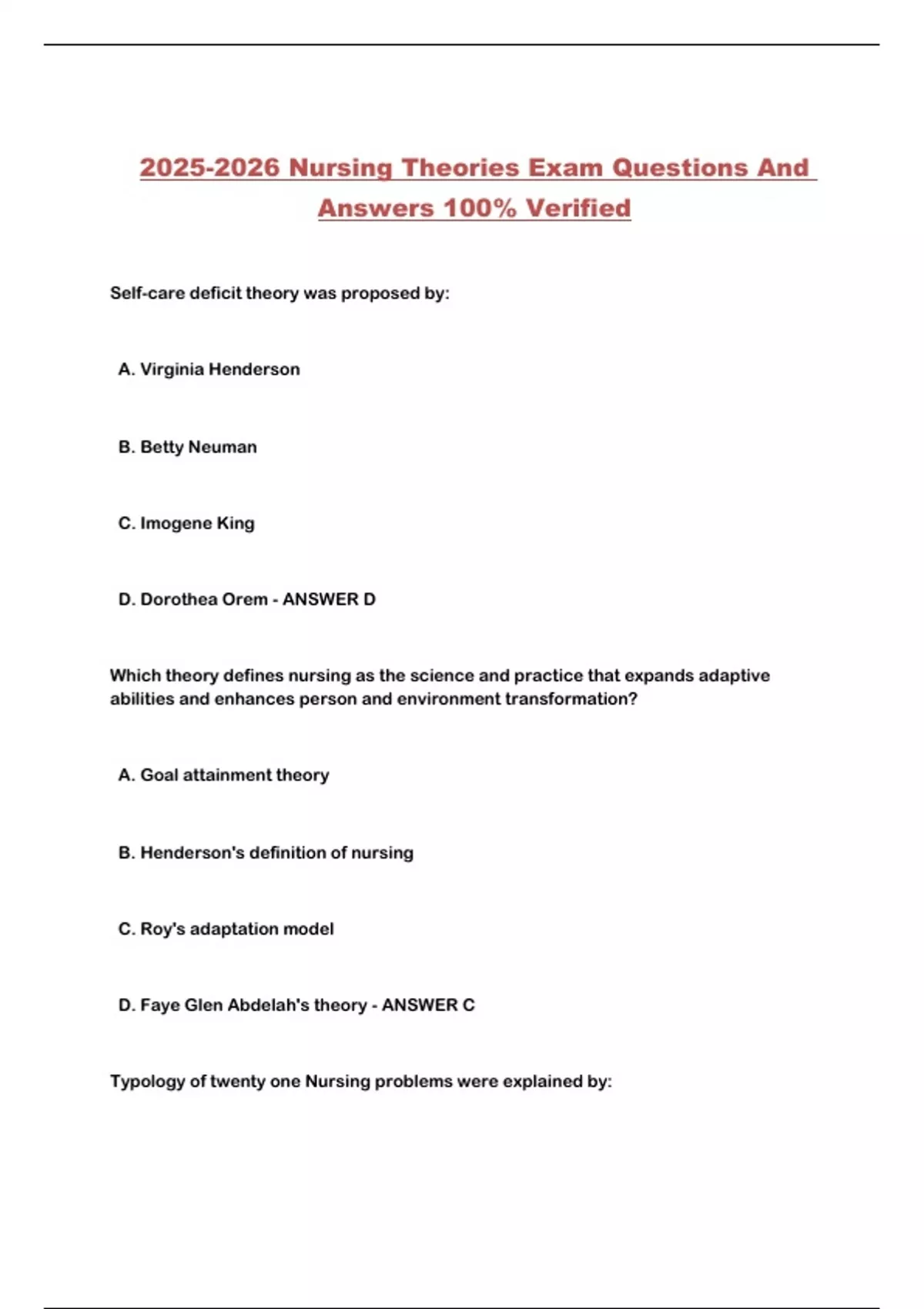 Nursing Theories Exam Questions And Answers 100% Verified - Nursing ...