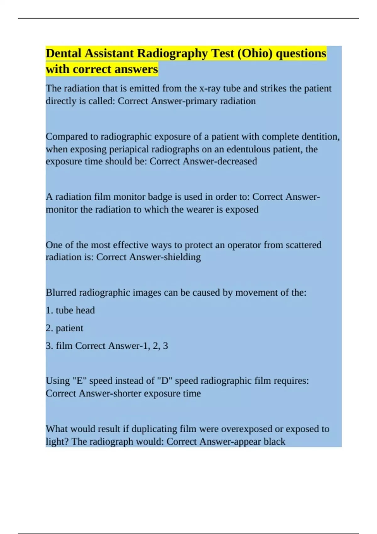 Dental Assistant Radiography Test (Ohio) questions with correct answers ...