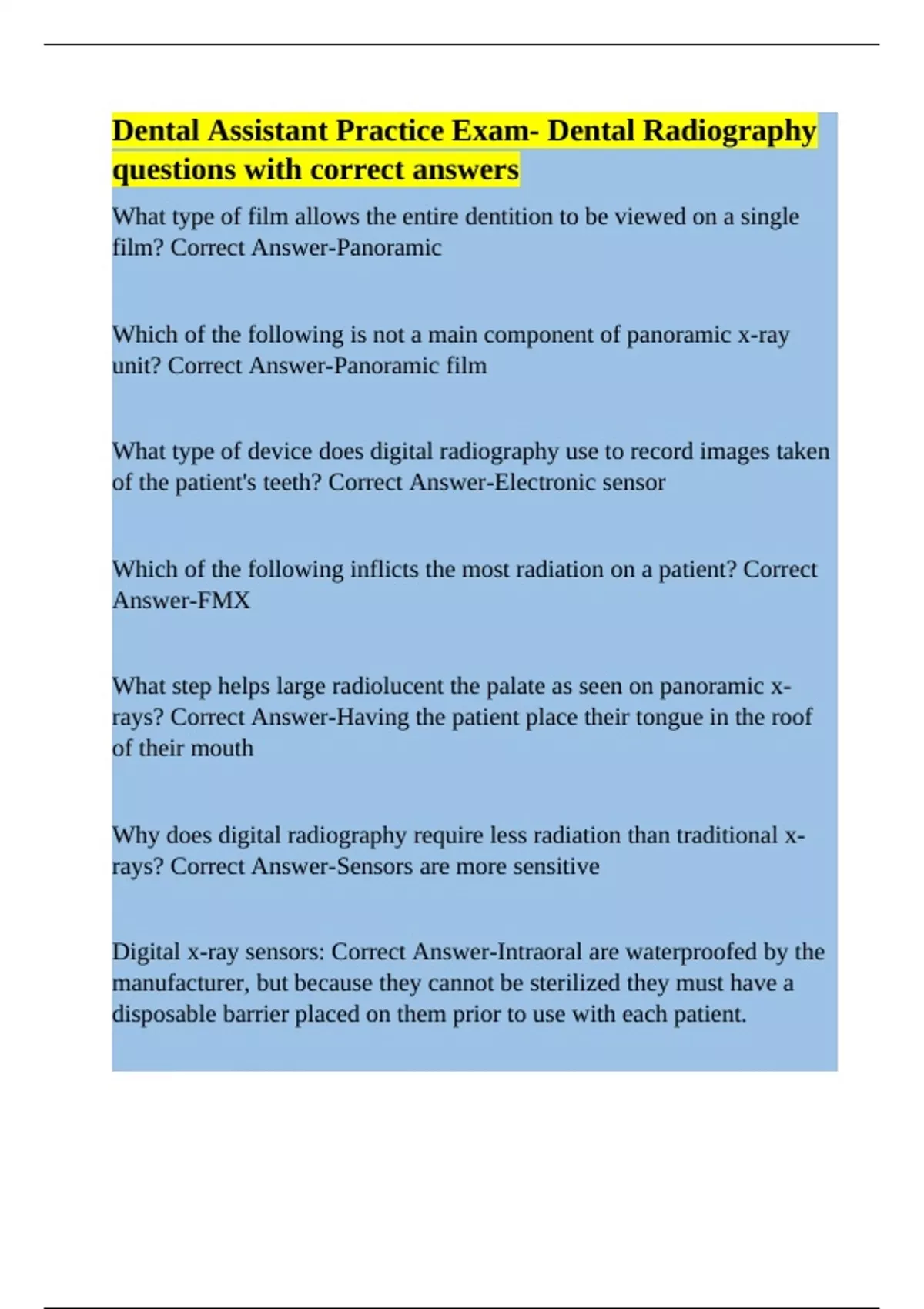 Dental Assistant Practice Exam- Dental Radiography questions with ...