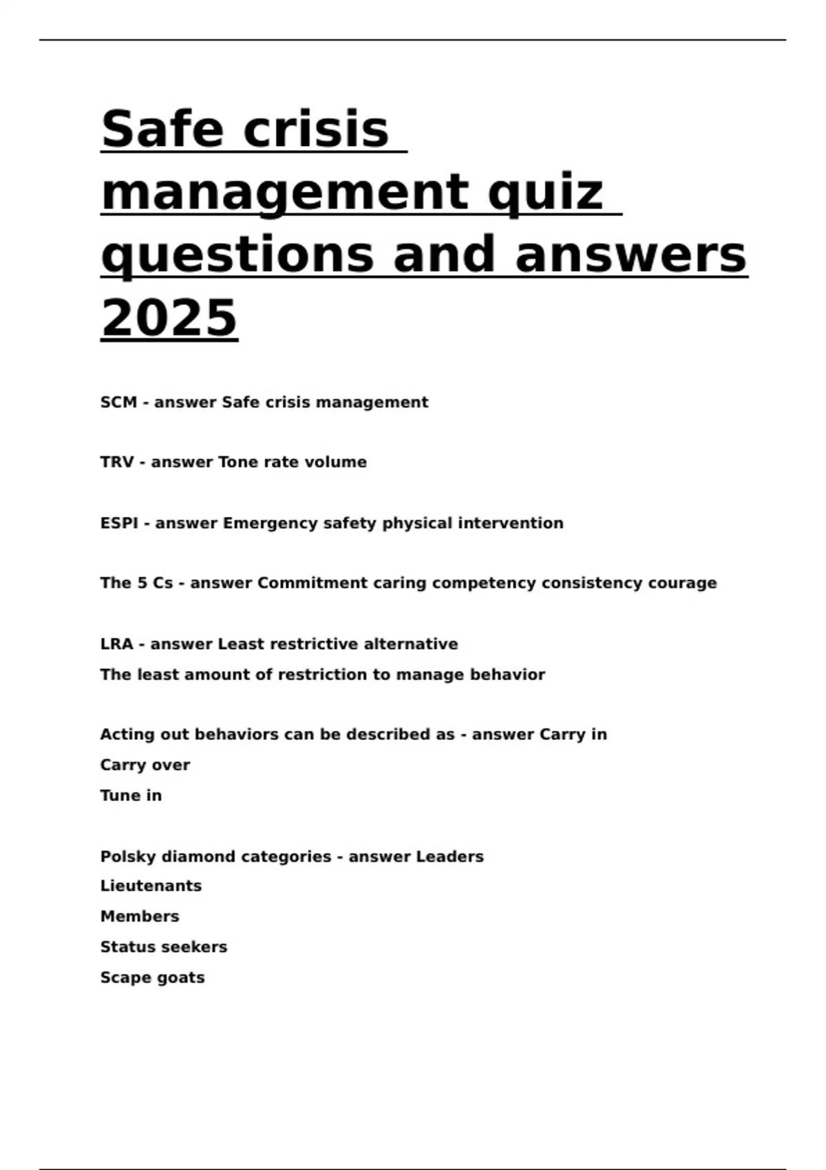 Safe crisis management quiz questions and answers 2025 - Safe Crisis ...