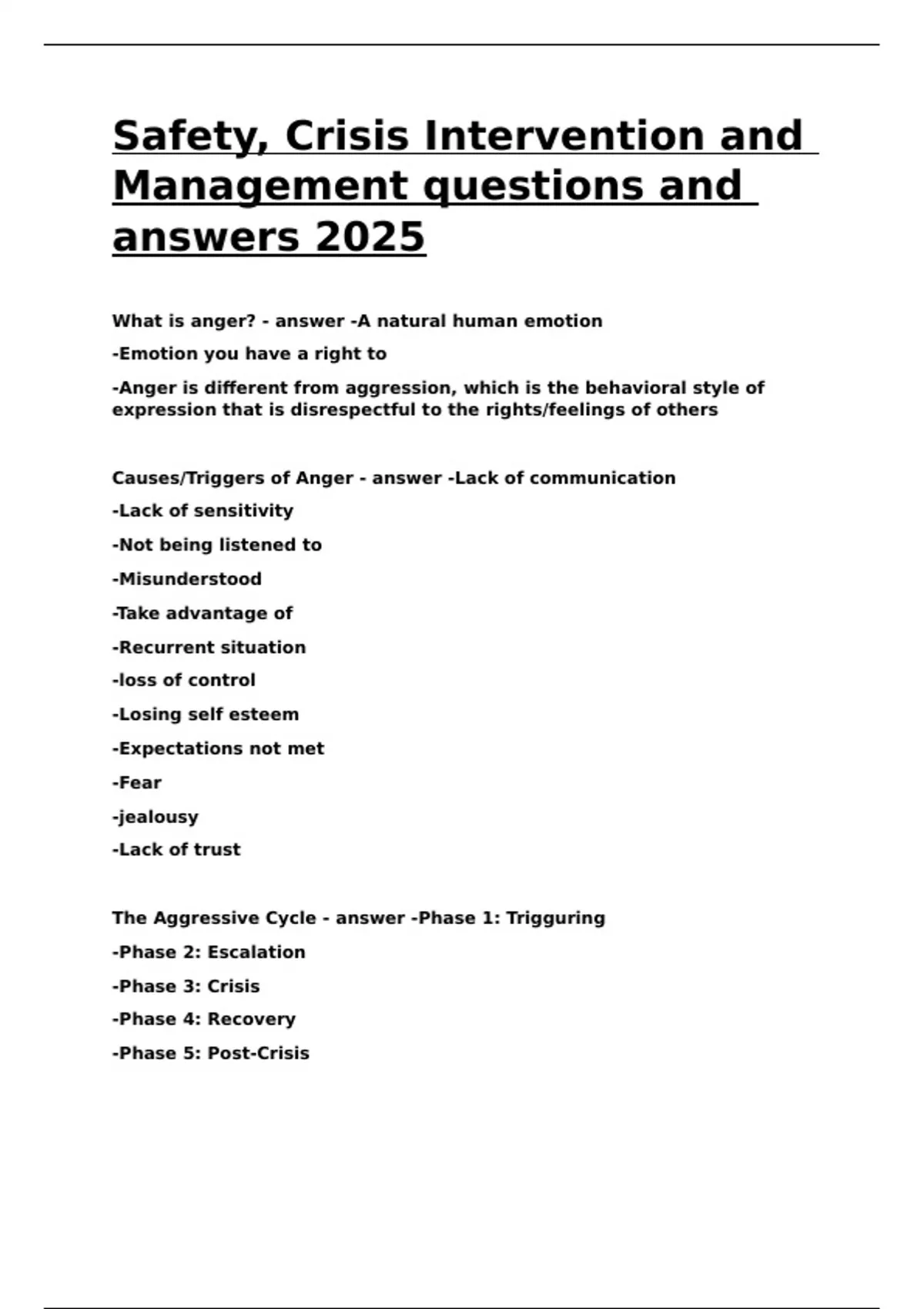 Safety, Crisis Intervention and Management questions and answers 2025 ...