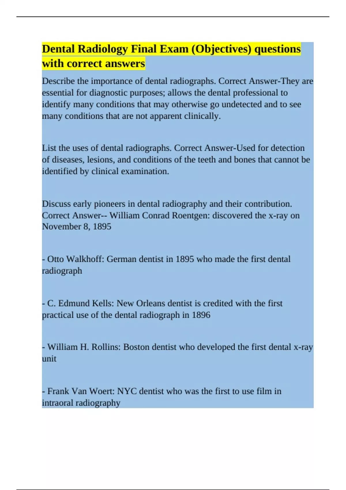 Dental Radiology Final Exam (Objectives) questions with correct answers ...