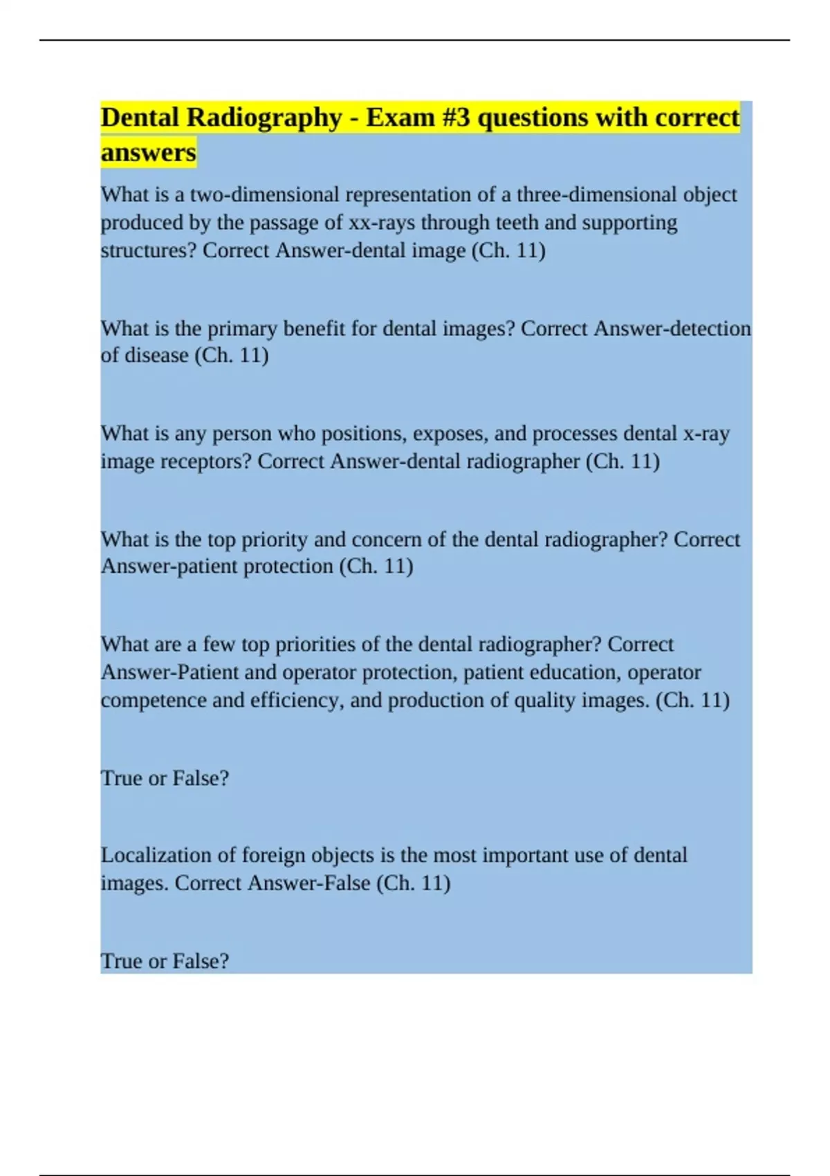 Dental Radiography - Exam #3 questions with correct answers - Dental ...