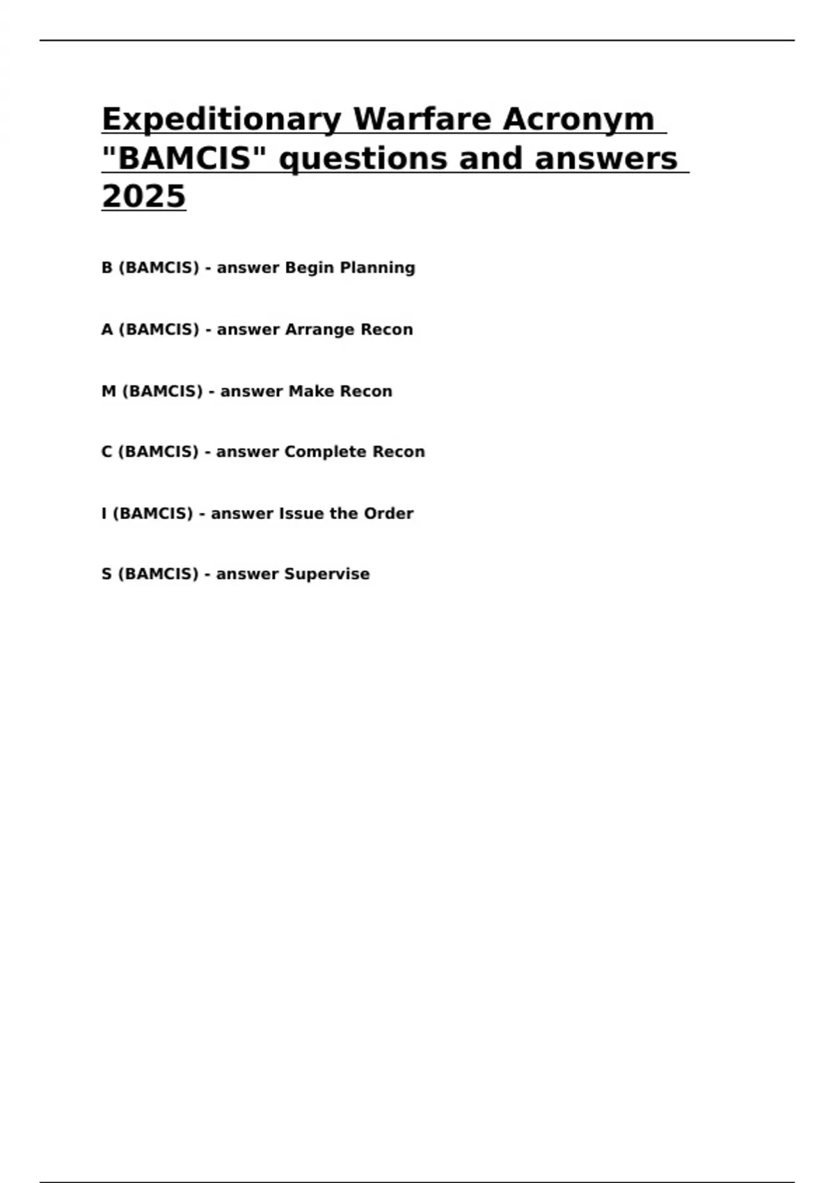 Expeditionary Warfare Acronym BAMCIS questions and answers 2025 ...