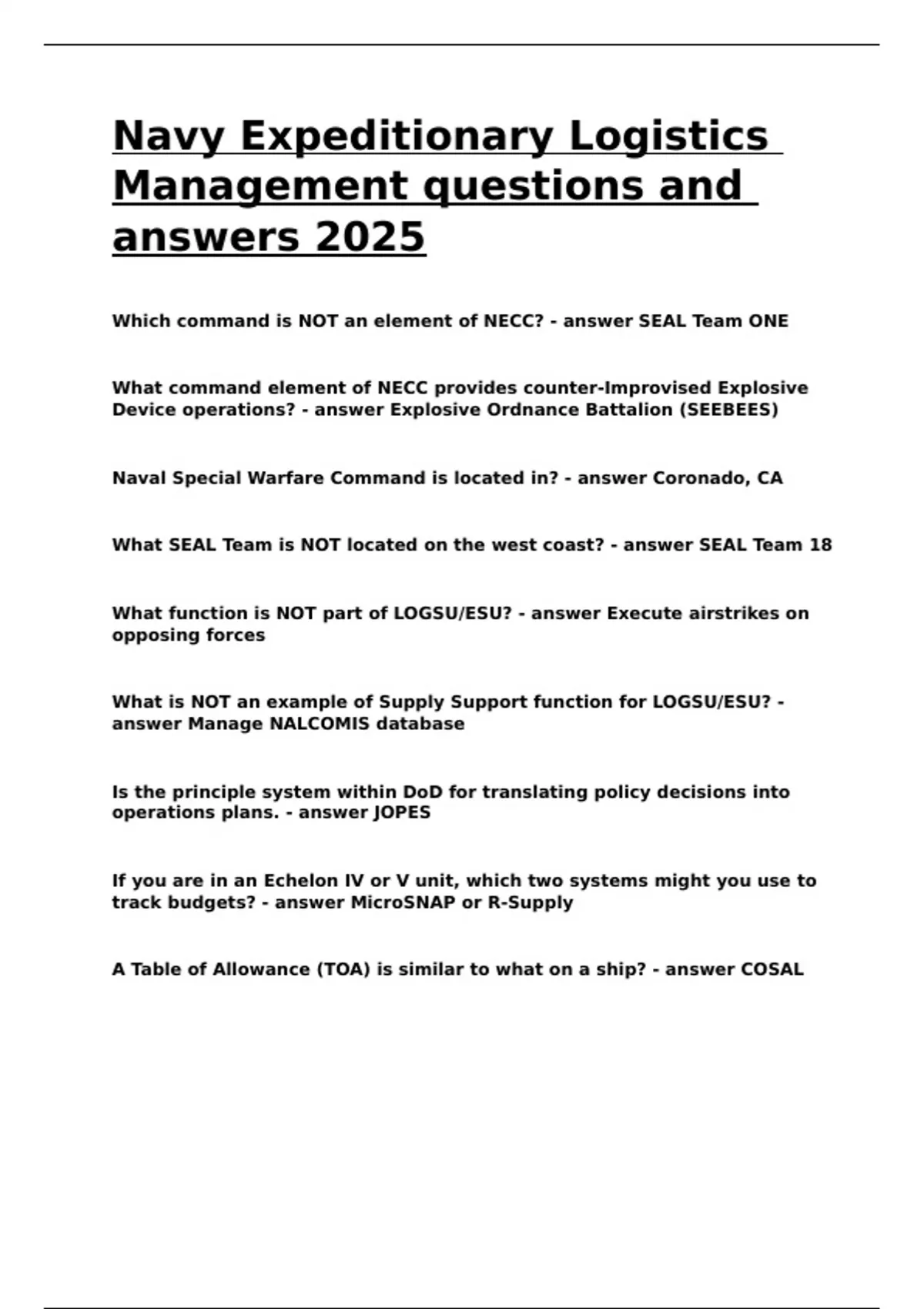 Navy Expeditionary Logistics Management questions and answers 2025 ...