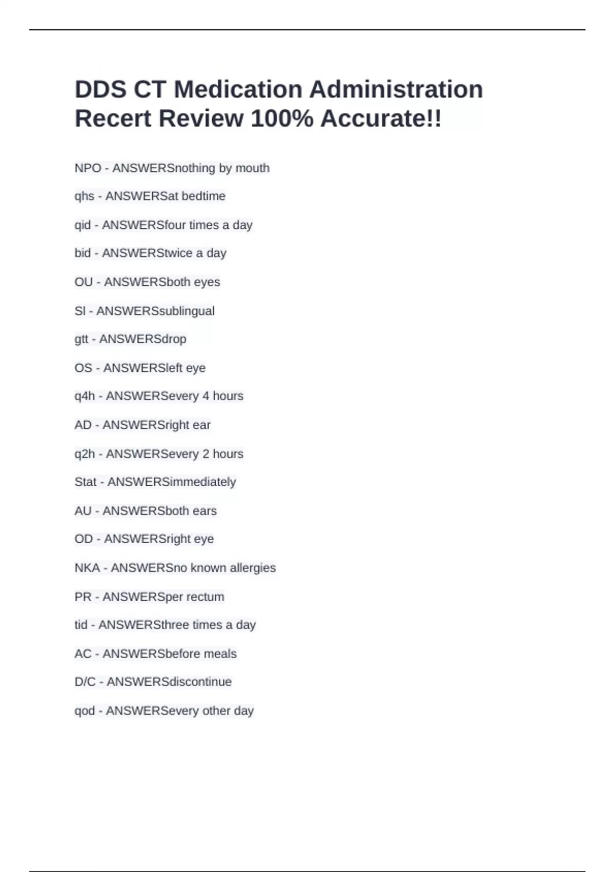 DDS CT Medication Administration Recert Review 100% Accurate!! - DDS CT ...