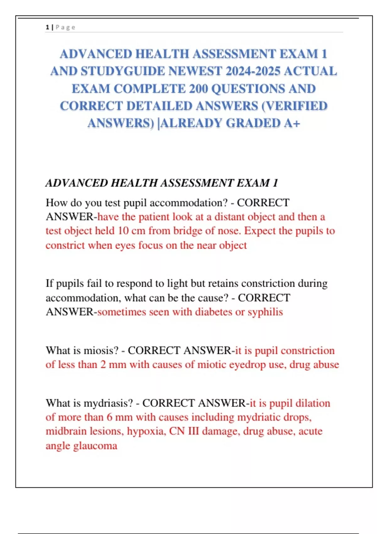 ADVANCED HEALTH ASSESSMENT EXAM 1 AND STUDYGUIDE NEWEST ACTUAL EXAM ...