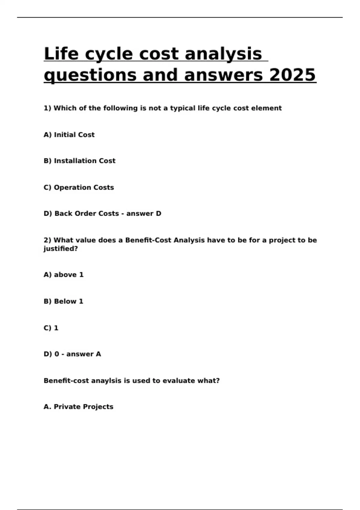 Life cycle cost analysis questions and answers 2025. - LCCA - Stuvia US