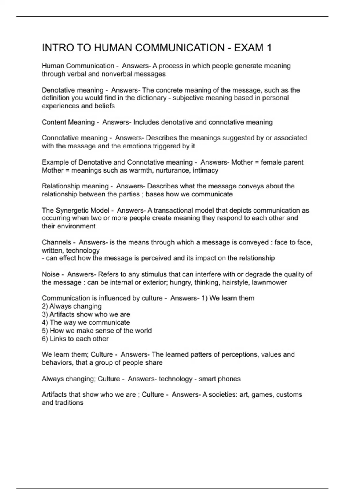 INTRO TO HUMAN COMMUNICATION - EXAM 1 - HUMAN COMMUNICATION - Stuvia US