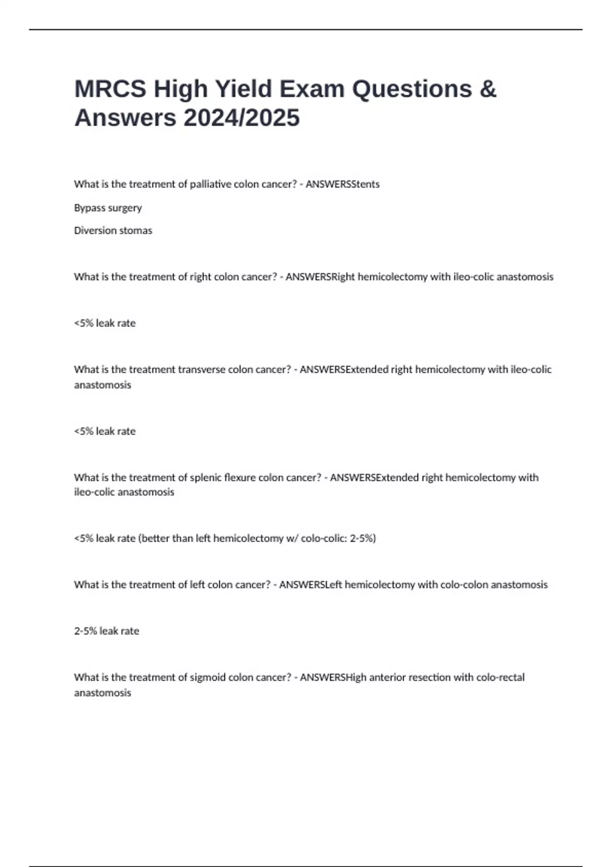 MRCS High Yield Exam Questions & Answers 2024/2025 - MRCS High Yield ...