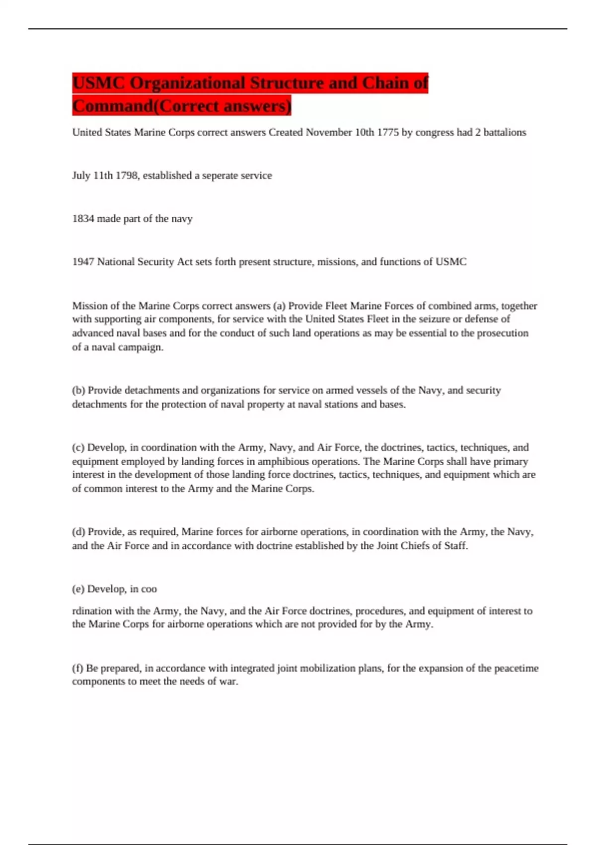 USMC Organizational Structure and Chain of Command(Correct answers ...