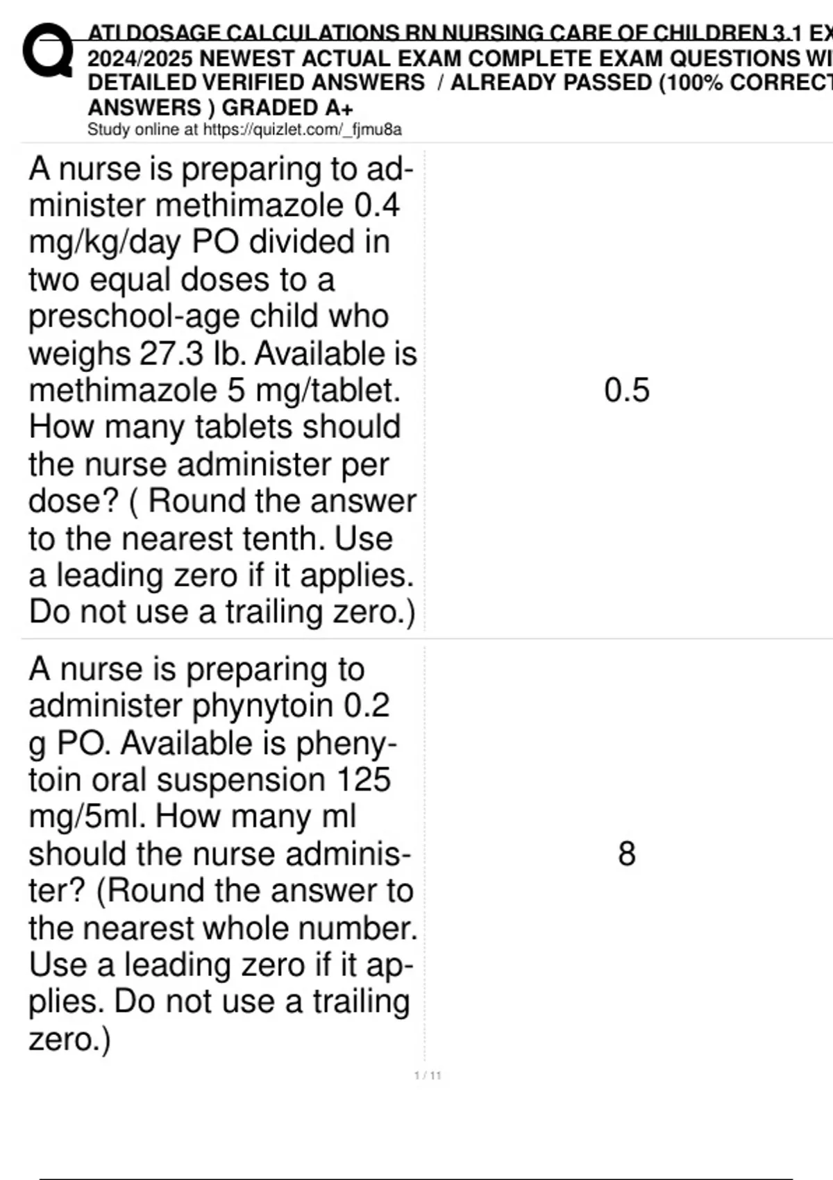 ATI DOSAGE CALCULATIONS RN NURSING CARE OF CHILDREN 3.1 EXAM 2024/2025 ...