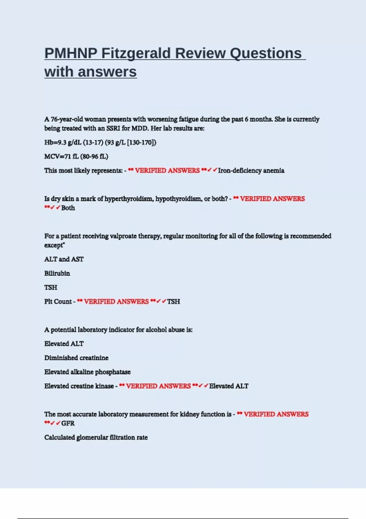 PMHNP Fitzgerald Review Questions with answers - PMHNP Fitzgerald ...