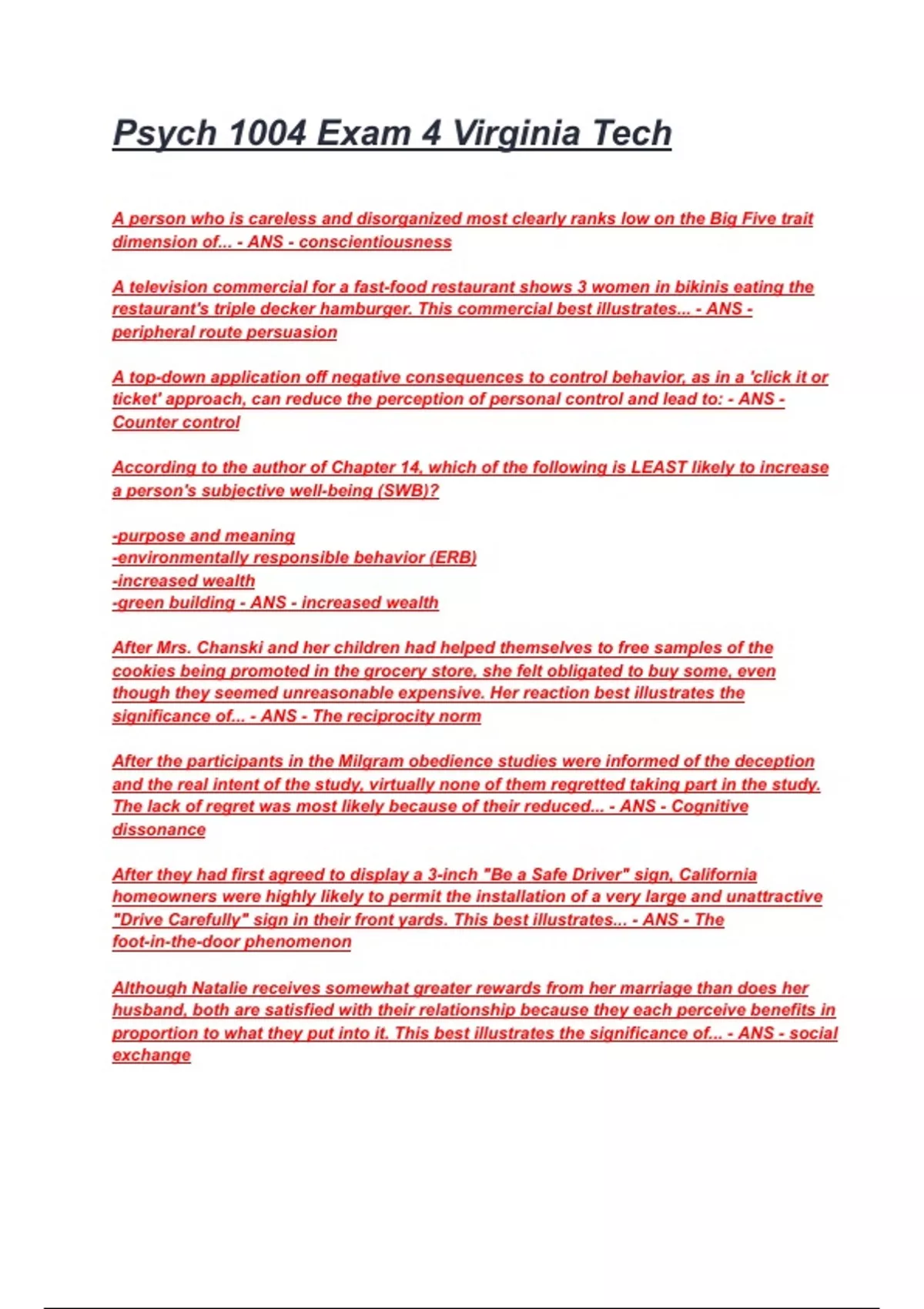 Psych 1004 Exam 4 Virginia Tech Exam 2024/2025 Questions With Completed ...