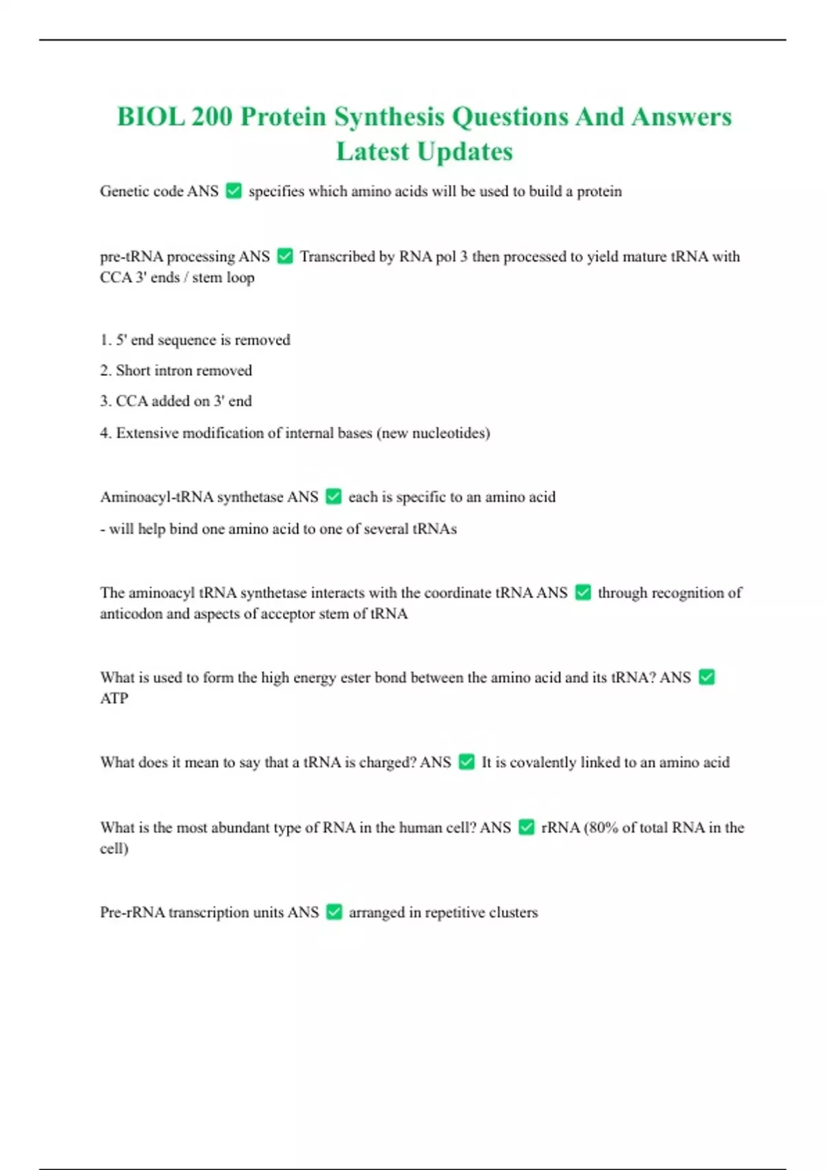 BIOL 200 Protein Synthesis Questions And Answers Latest Updates - BIOL ...