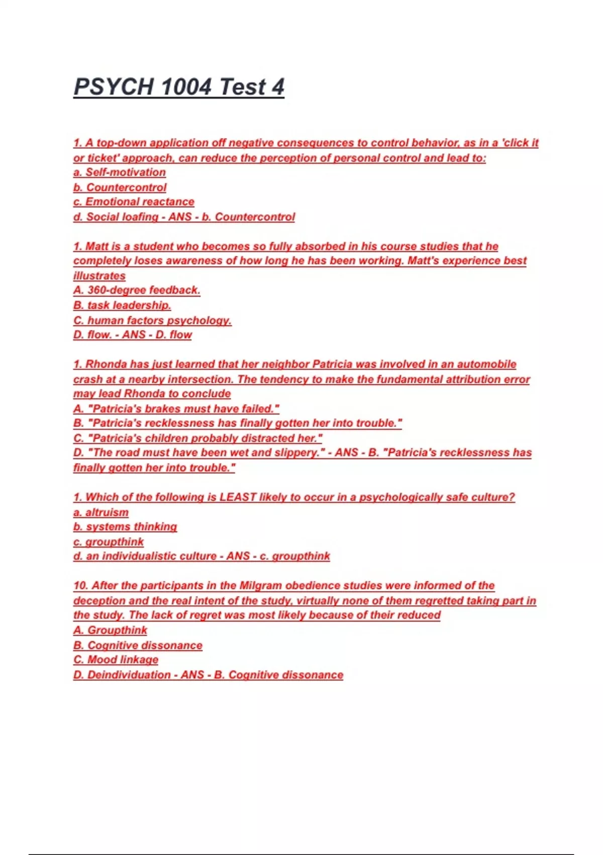 PSYCH 1004 Test 4 Exam 2024/2025 Questions With Completed & Verified ...