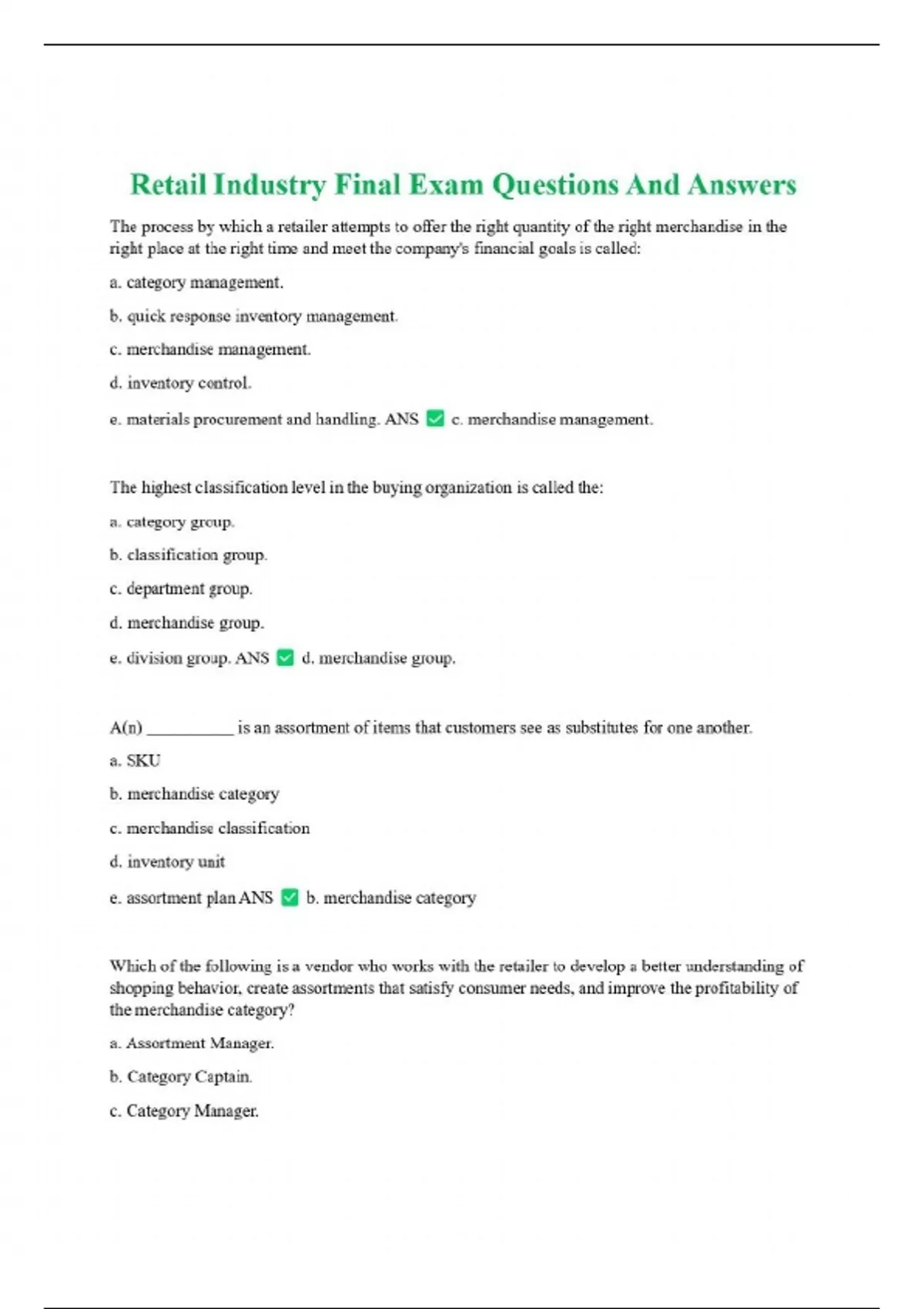 Retail Industry Final Exam Questions And Answers 2024/2025 Latest ...