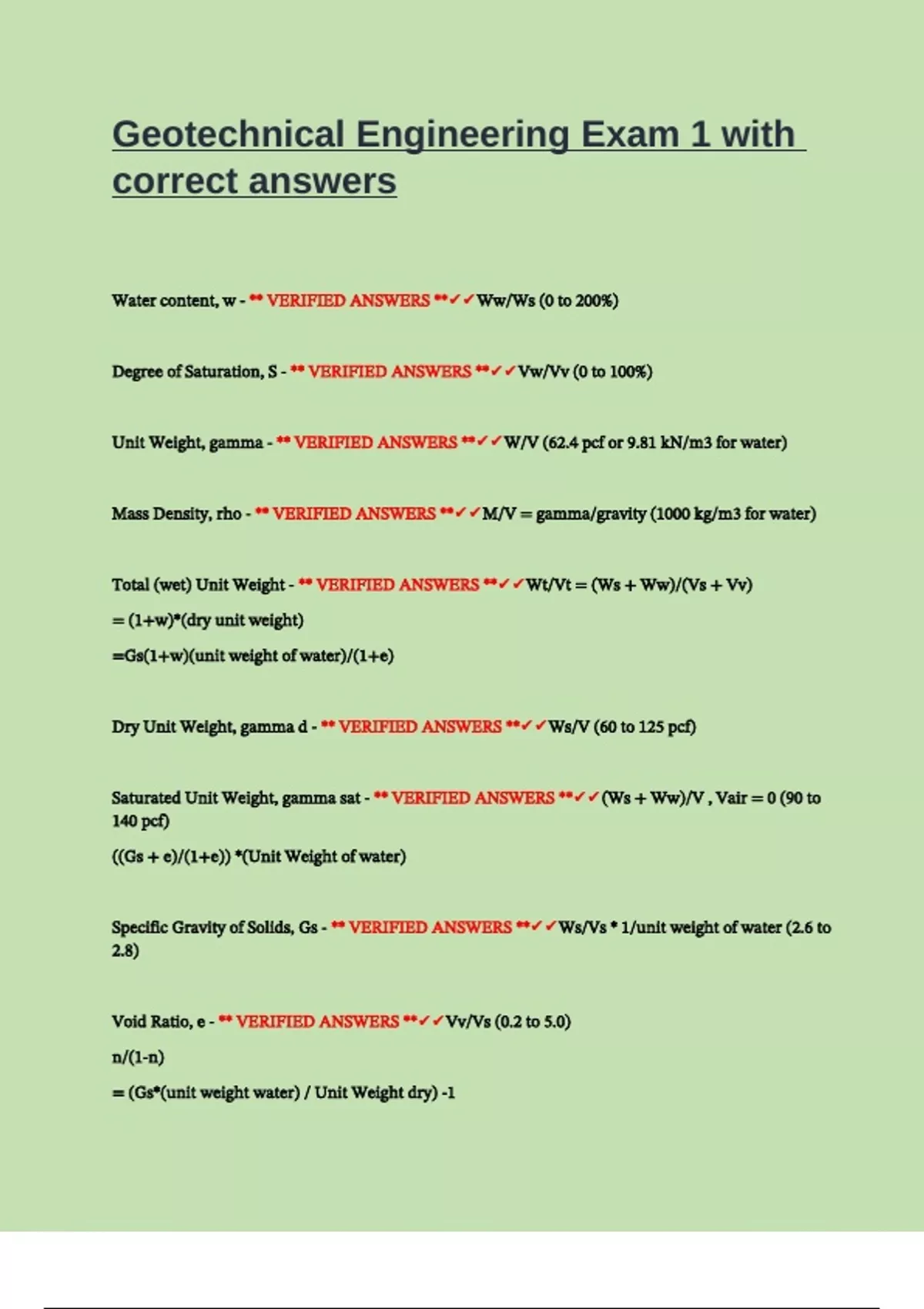 Geotechnical Engineering Exam 1 with correct answers - Geotechnical Engineering - Stuvia US
