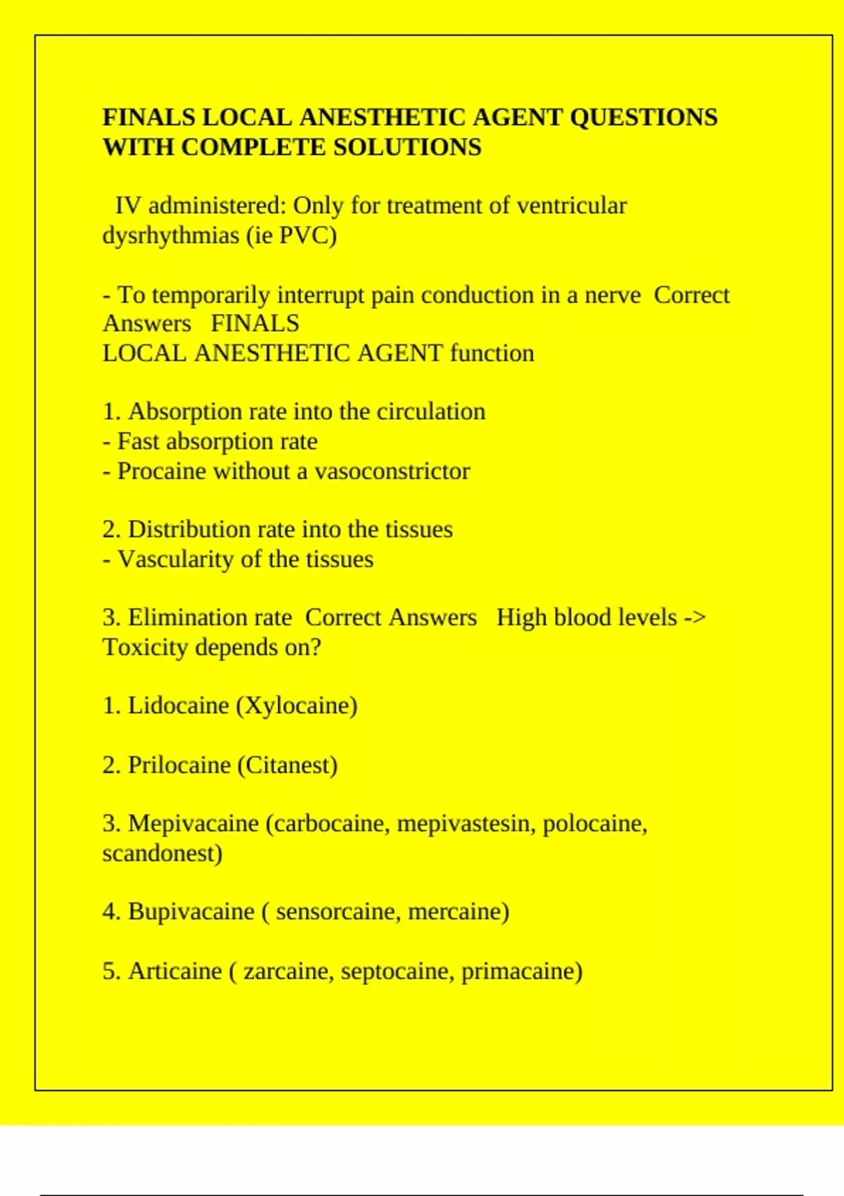 FINALS LOCAL ANESTHETIC AGENT QUESTIONS WITH COMPLETE SOLUTIONS ...