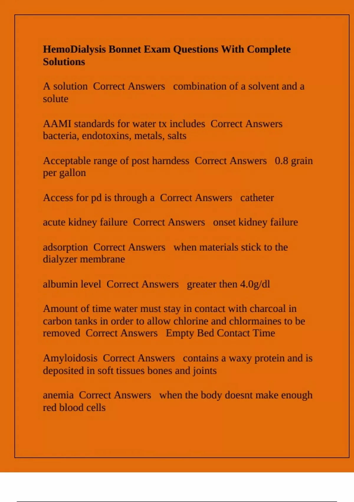 HemoDialysis Bonnet Exam Questions With Complete Solutions - Bonnet - Stuvia UK