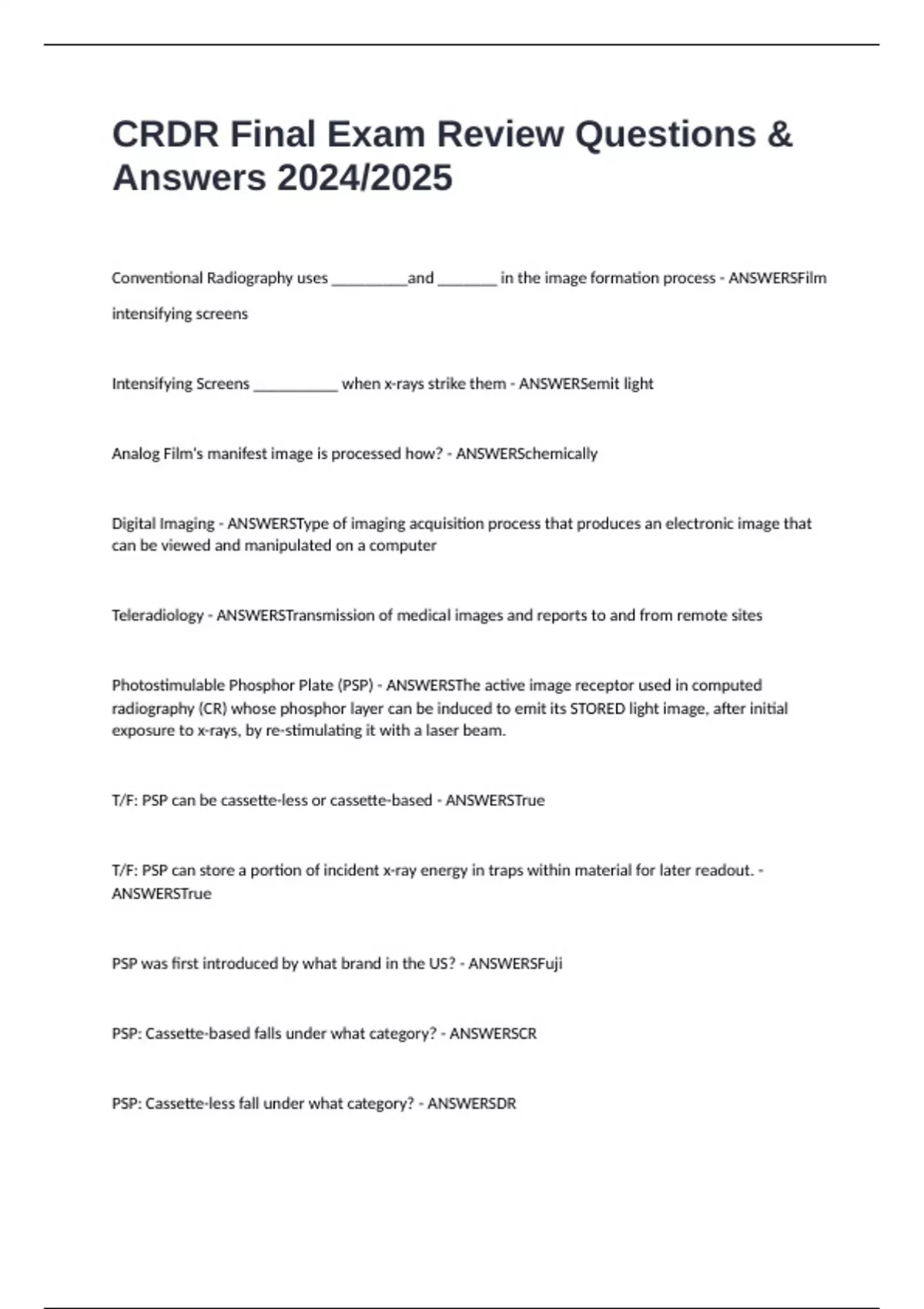 CRDR Final Exam Review Questions & Answers 2024/2025 - CRDR - Stuvia US