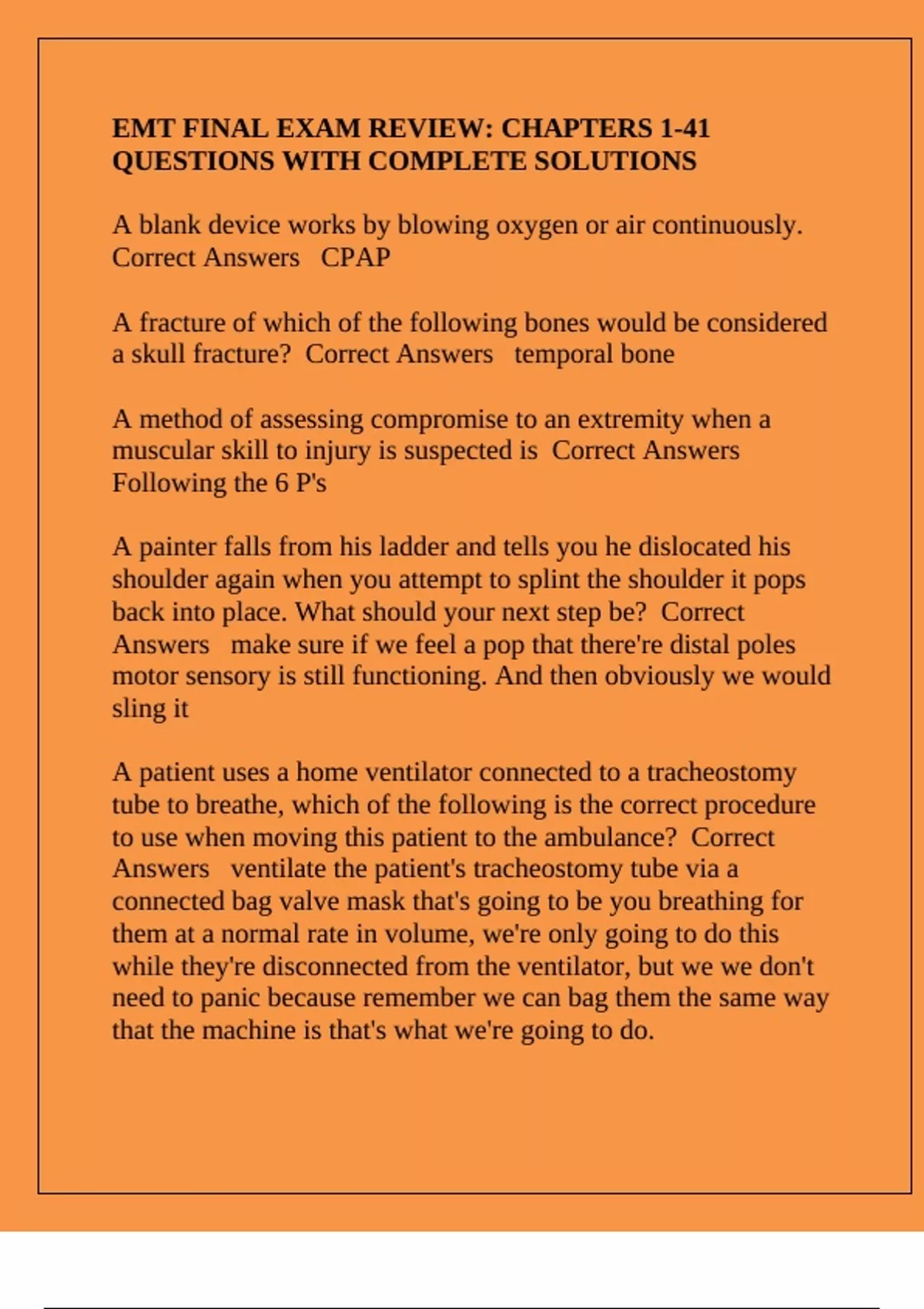EMT FINAL EXAM REVIEW: CHAPTERS 1-41 QUESTIONS WITH COMPLETE SOLUTIONS ...