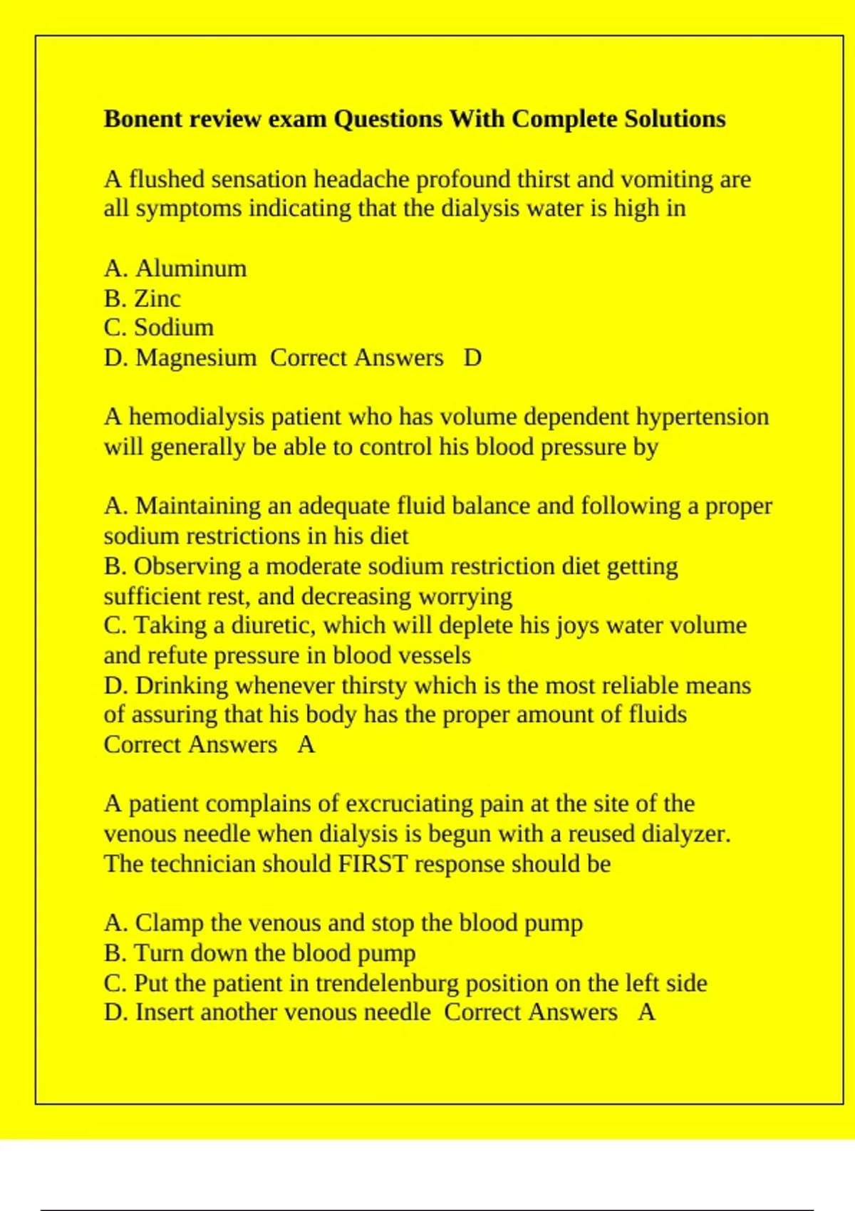 Bonent review exam Questions With Complete Solutions - Bonnet - Stuvia US