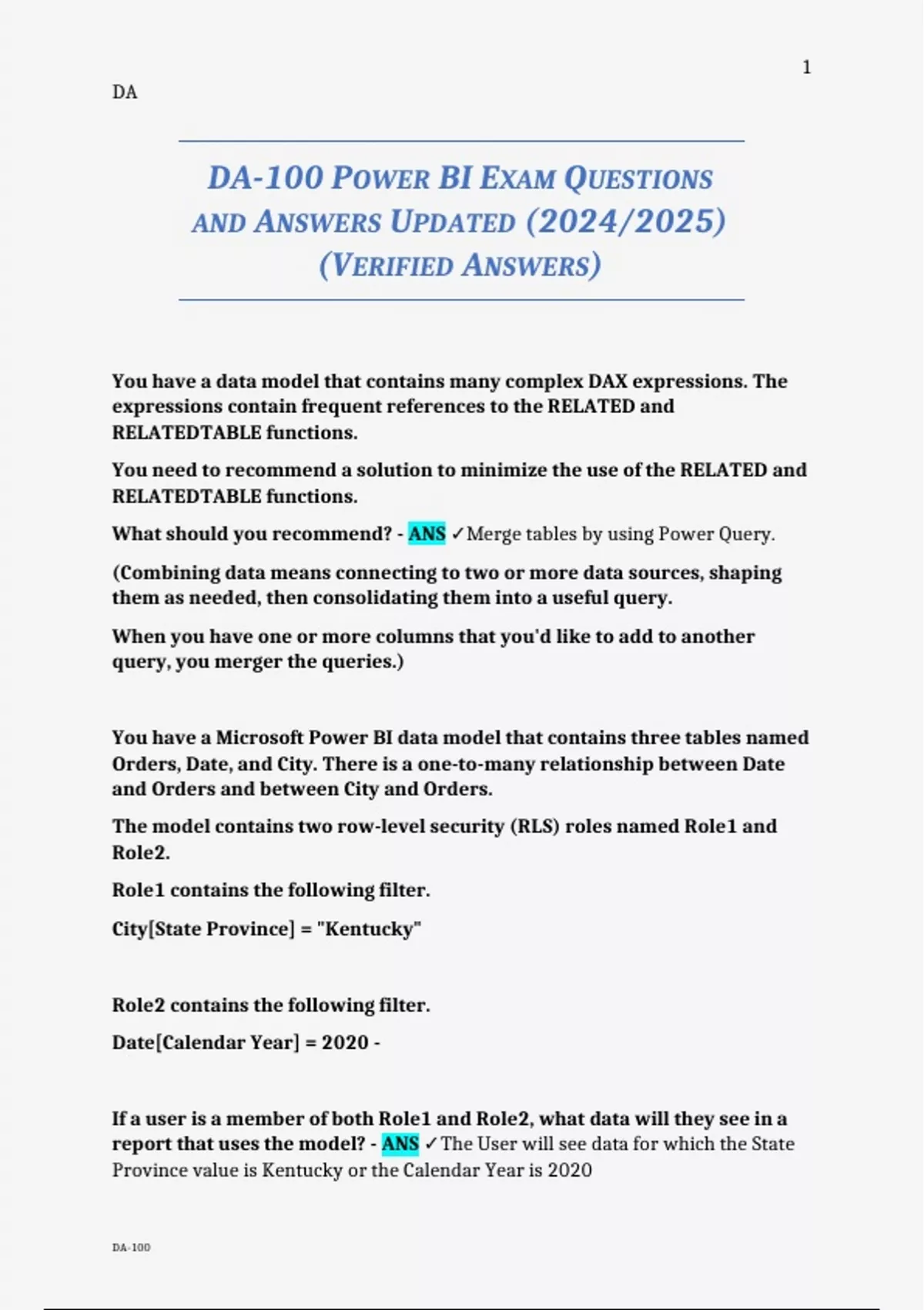 DA-100 POWER BI EXAM QUESTIONS AND ANSWERS UPDATED (2024/2025 ...