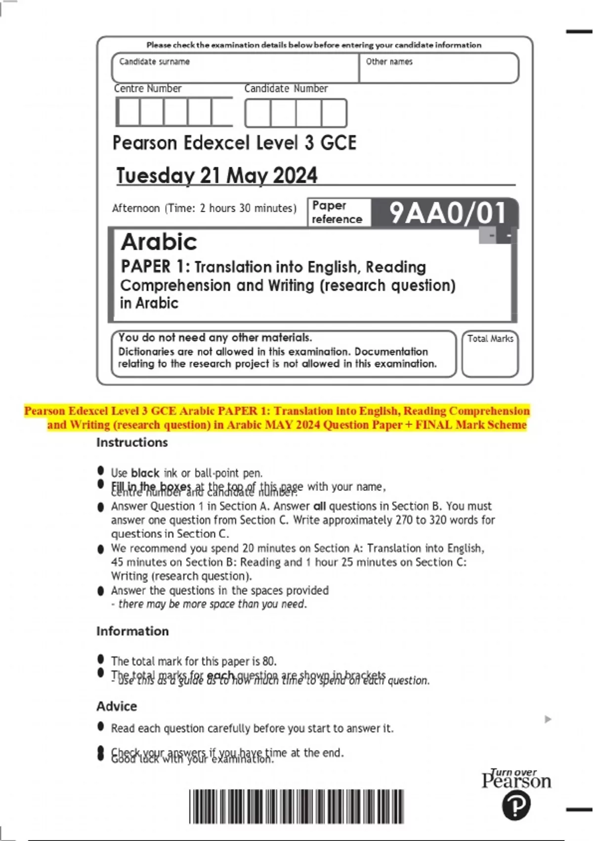 BUNDLED Pearson Edexcel Level 3 GCE Arabic 2024 Question Paper and Mark ...