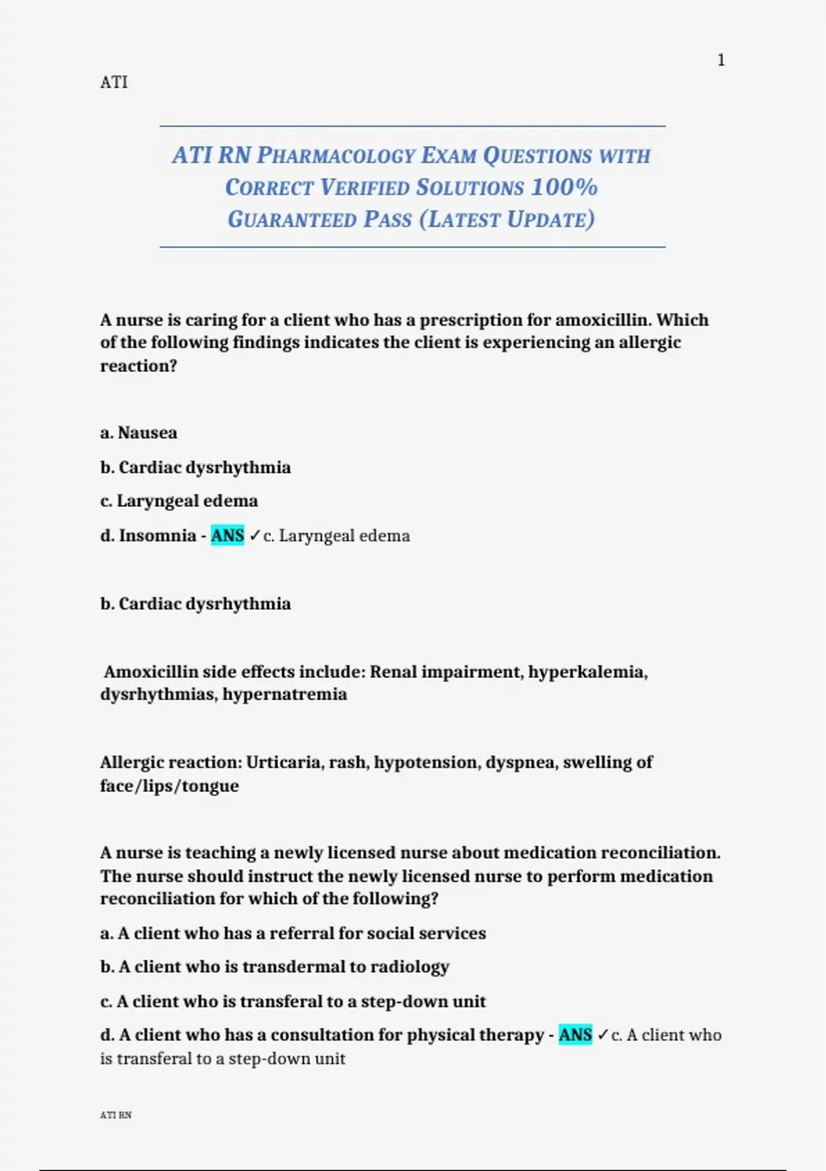 ATI RN PHARMACOLOGY EXAM QUESTIONS WITH CORRECT VERIFIED SOLUTIONS ...