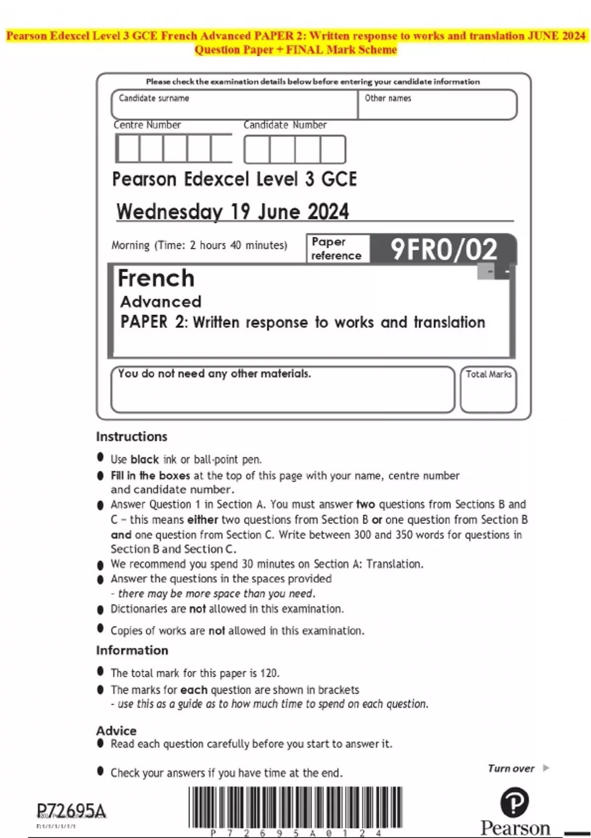 Pearson Edexcel Level 3 GCE French Advanced PAPER 2: Written response ...