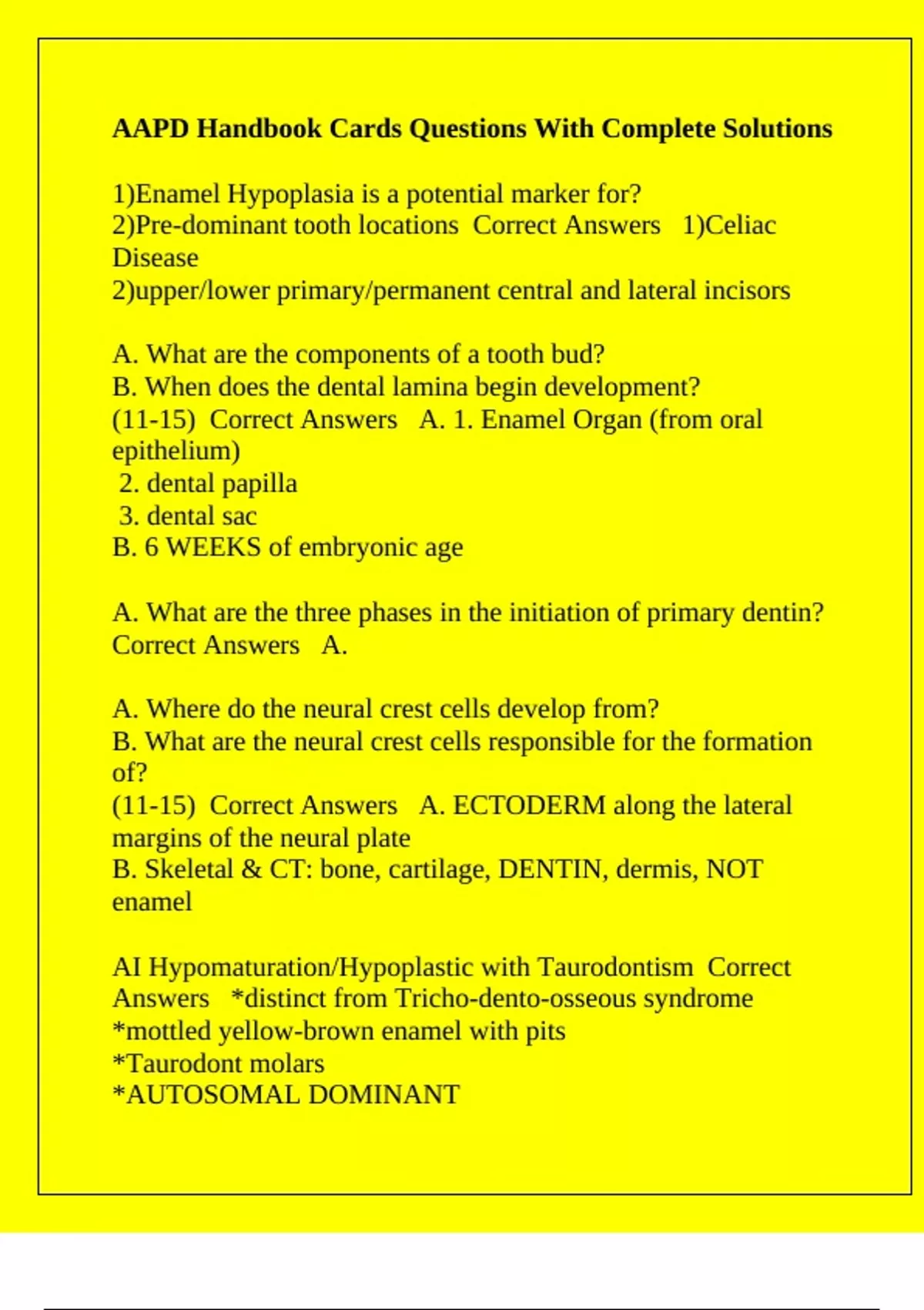 AAPD Handbook Cards Questions With Complete Solutions - AAPD - Stuvia US