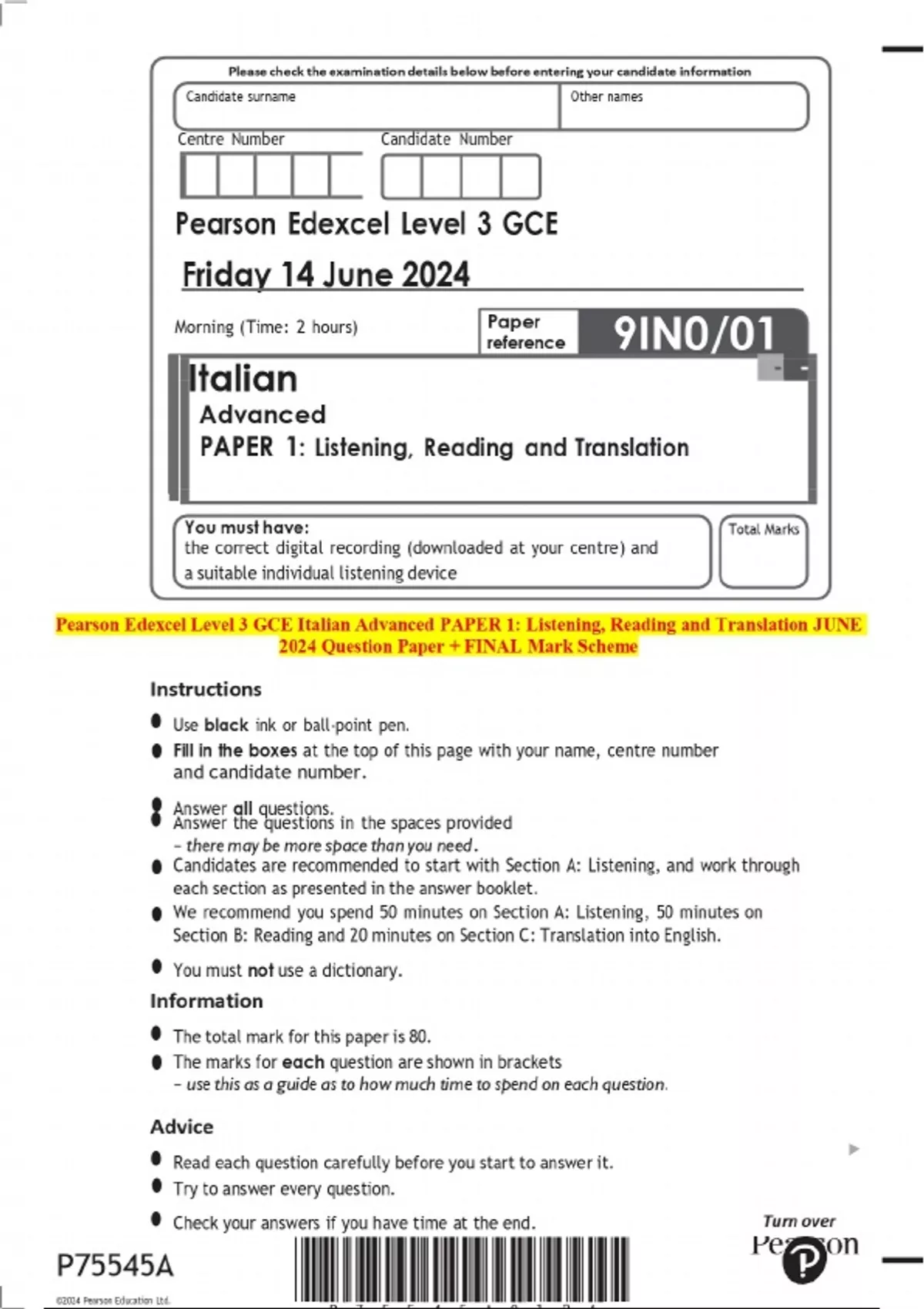 Pearson Edexcel Level 3 GCE Italian Advanced PAPER 1: Listening ...