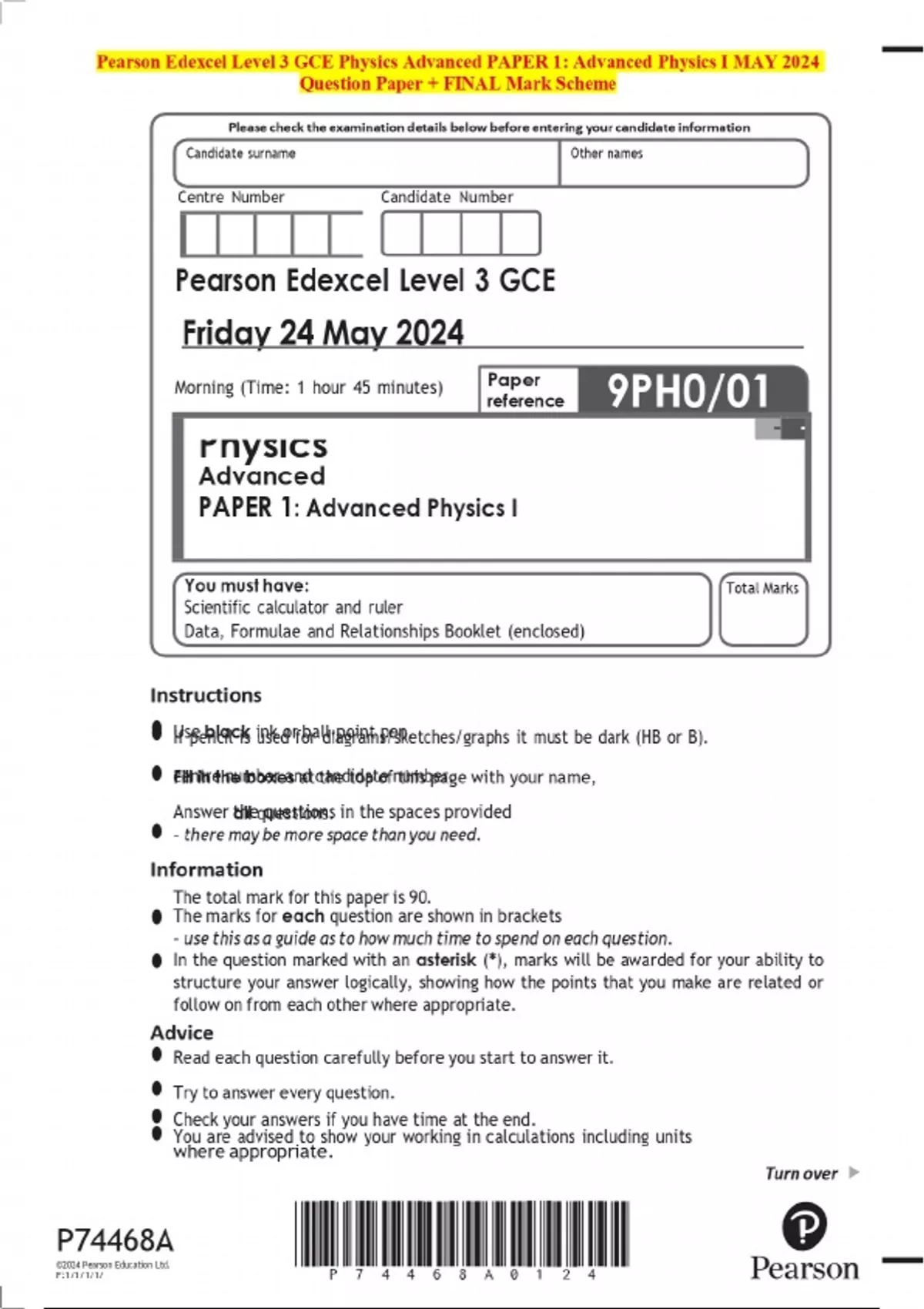 Pearson Edexcel Level 3 GCE Physics Advanced PAPER 1: Advanced Physics ...