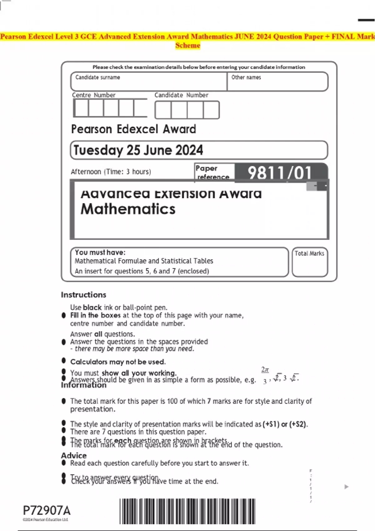Pearson Edexcel Level 3 GCE Advanced Extension Award Mathematics JUNE ...