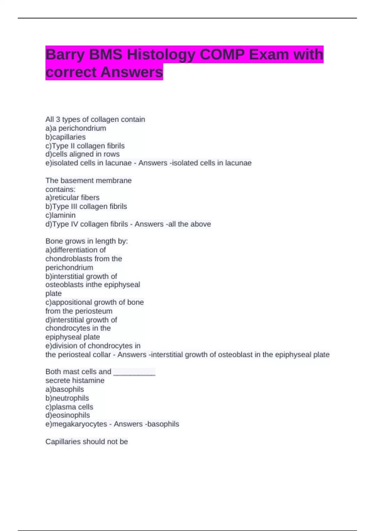 Barry BMS Histology COMP Exam with correct Answers - Barry BMS - Stuvia US