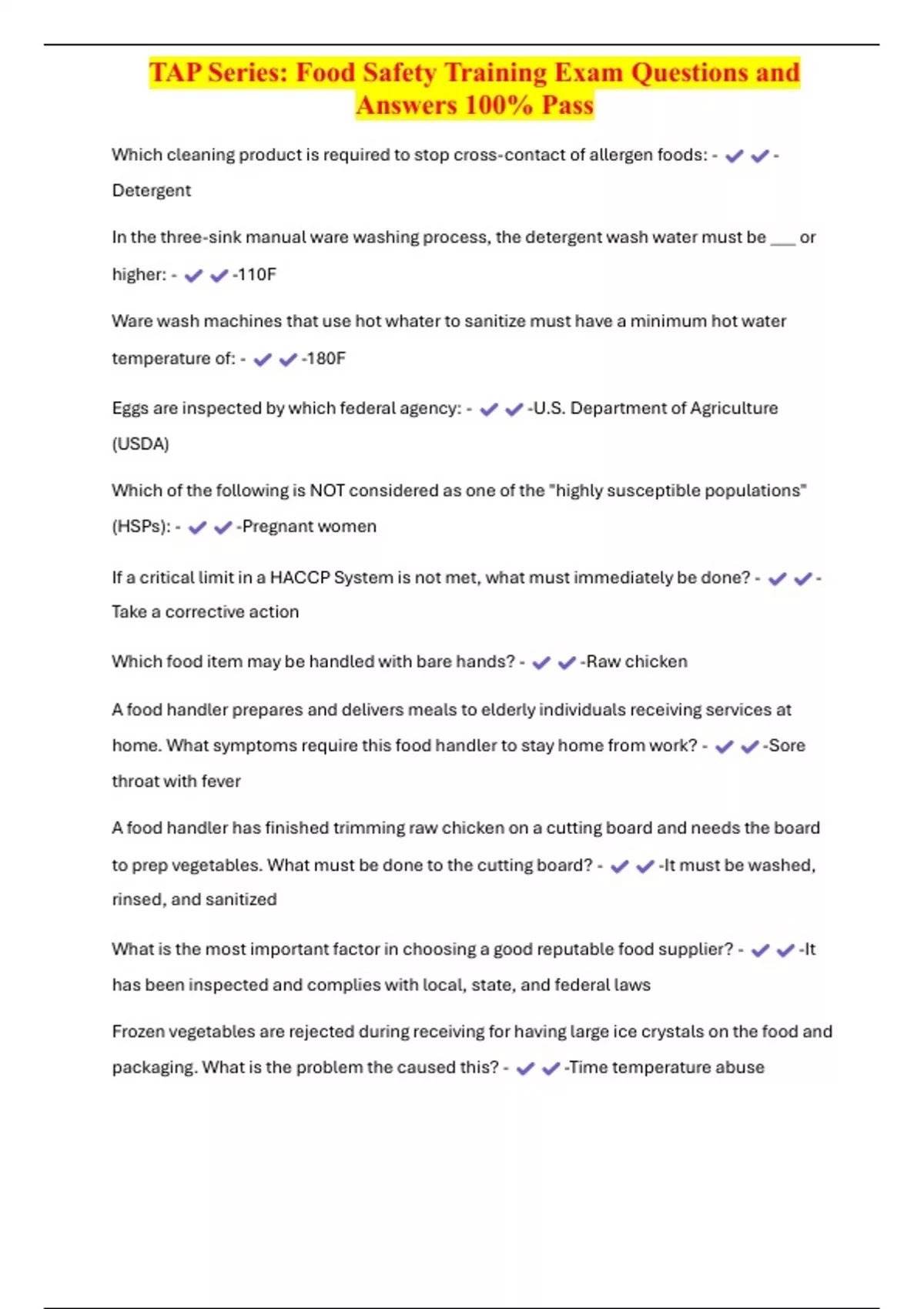 TAP Series: Food Safety Training Exam Questions and Answers 100% Pass ...