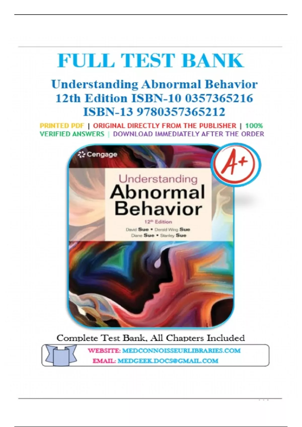 Test Bank for Understanding Abnormal Behavior 12th Edition by David Sue ...