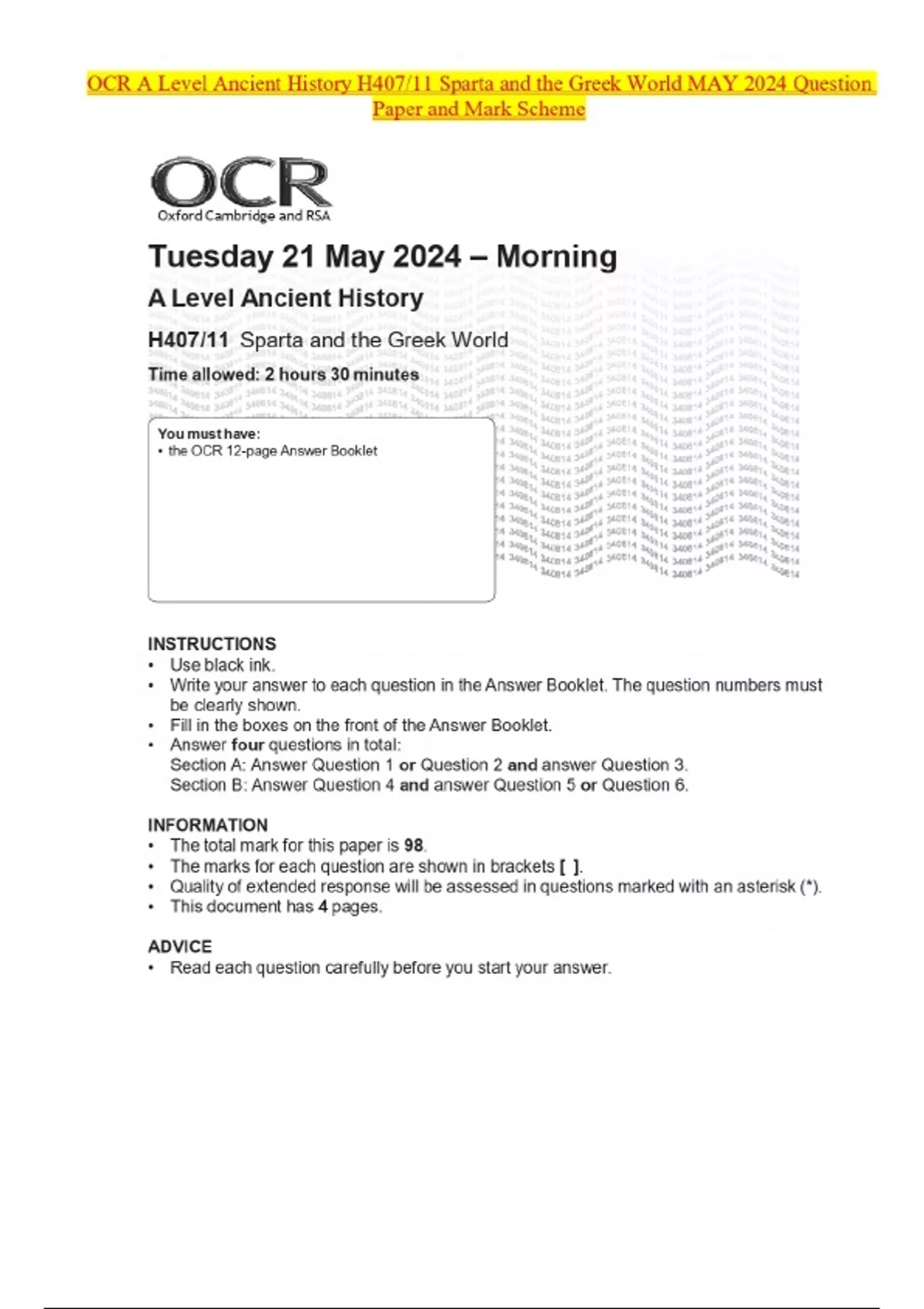 BUNDLED OCR A Level Ancient History 2024 Question Paper and Mark Scheme ...