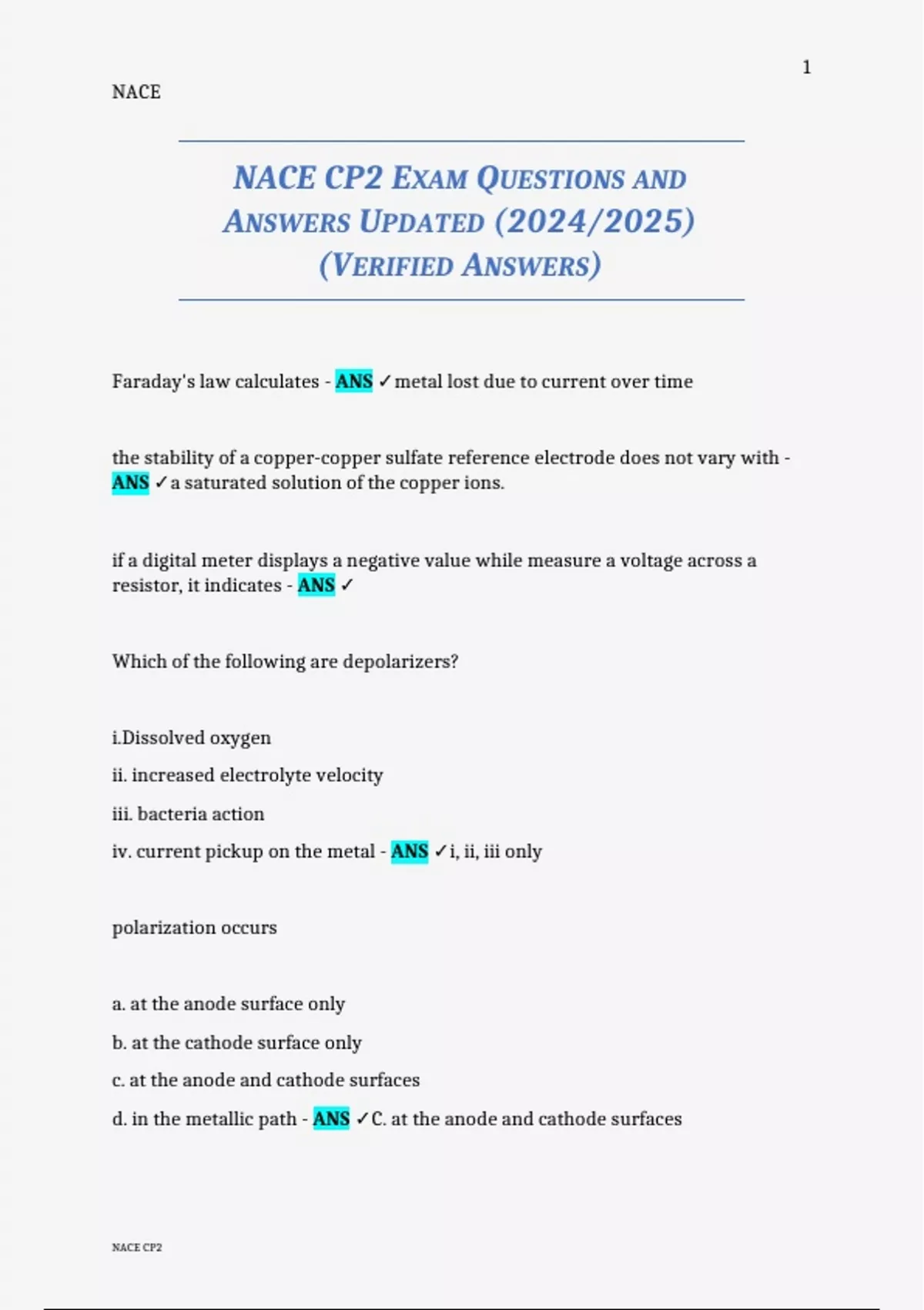 NACE CP2 EXAM QUESTIONS AND ANSWERS UPDATED (2024/2025) (VERIFIED ...