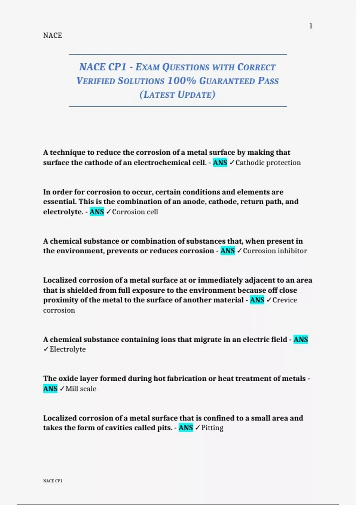 NACE CP1 - EXAM QUESTIONS WITH CORRECT VERIFIED SOLUTIONS 100% ...