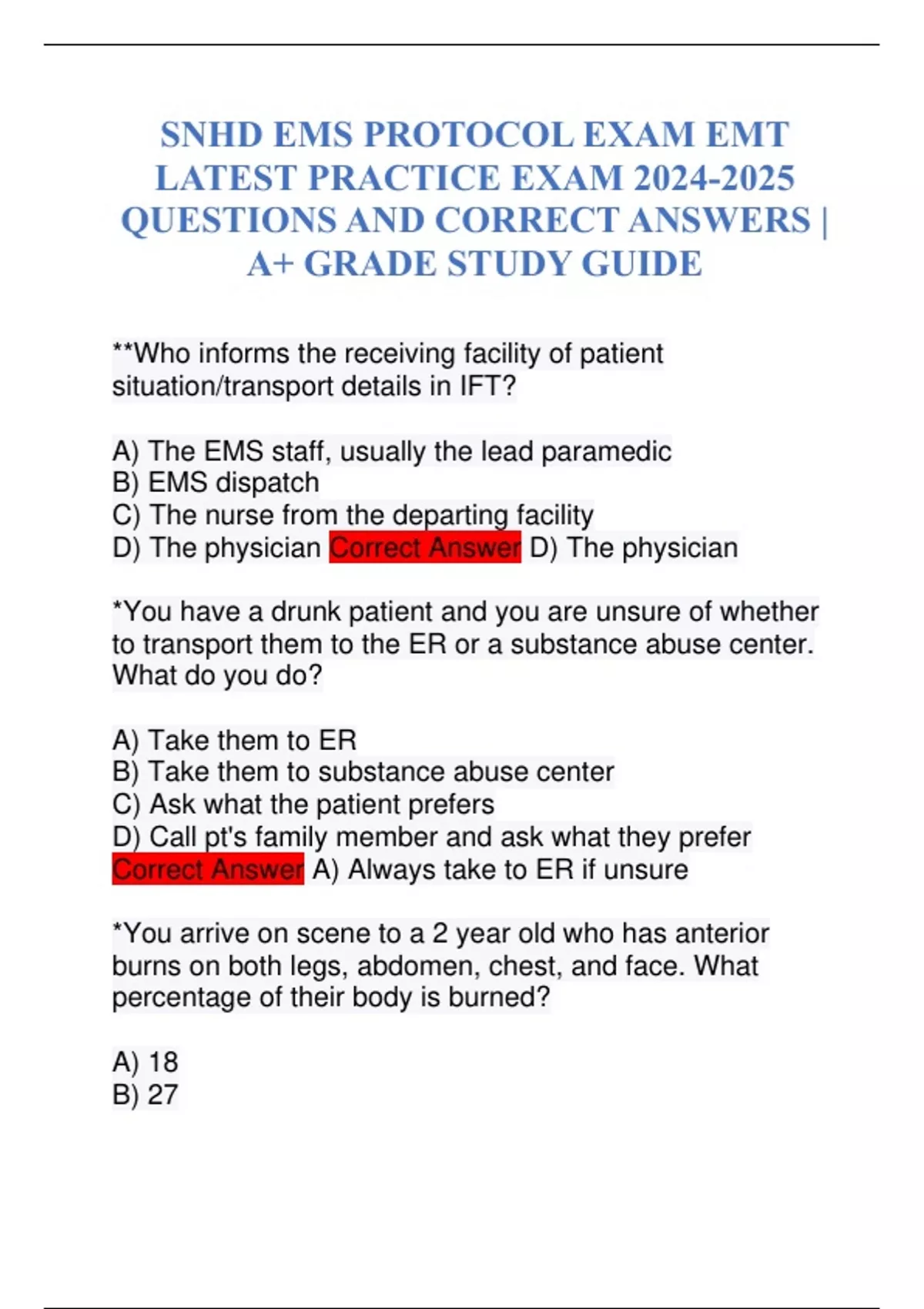 SNHD EMS PROTOCOL EXAM EMT LATEST PRACTICE EXAM QUESTIONS AND CORRECT ...