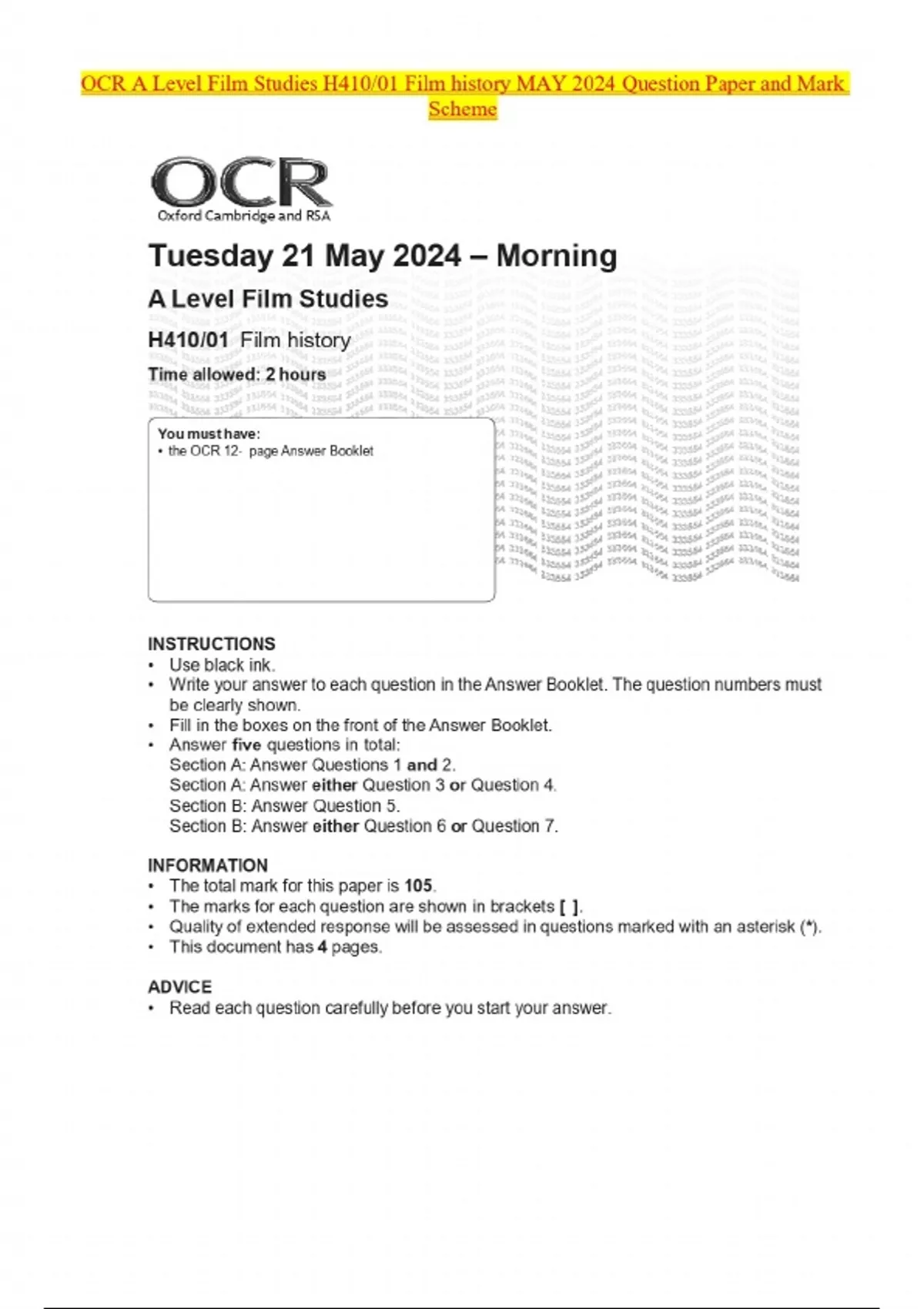OCR A Level Film Studies H410/01 Film history MAY 2024 Question Paper and Mark Scheme - 2024 OCR ...