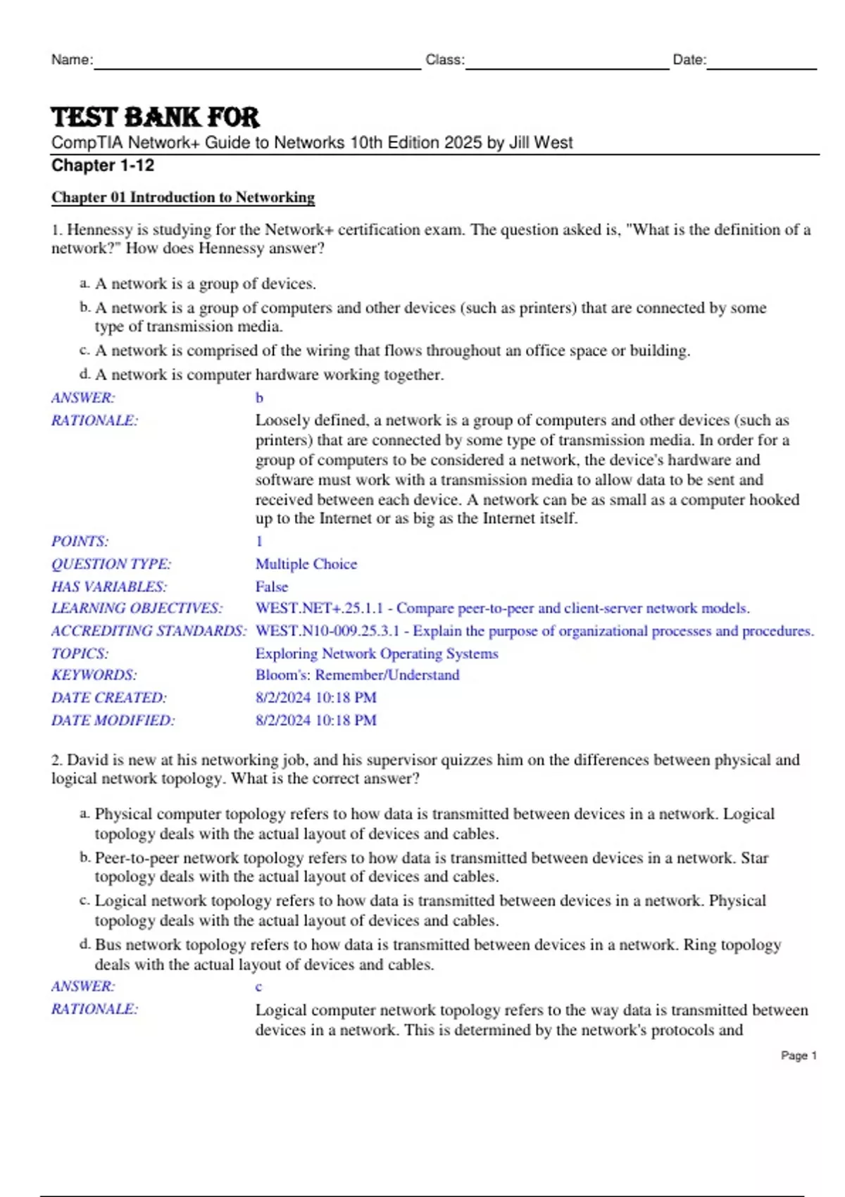 Test Bank For CompTIA Network+ Guide to Networks 10th Edition 2025 by ...