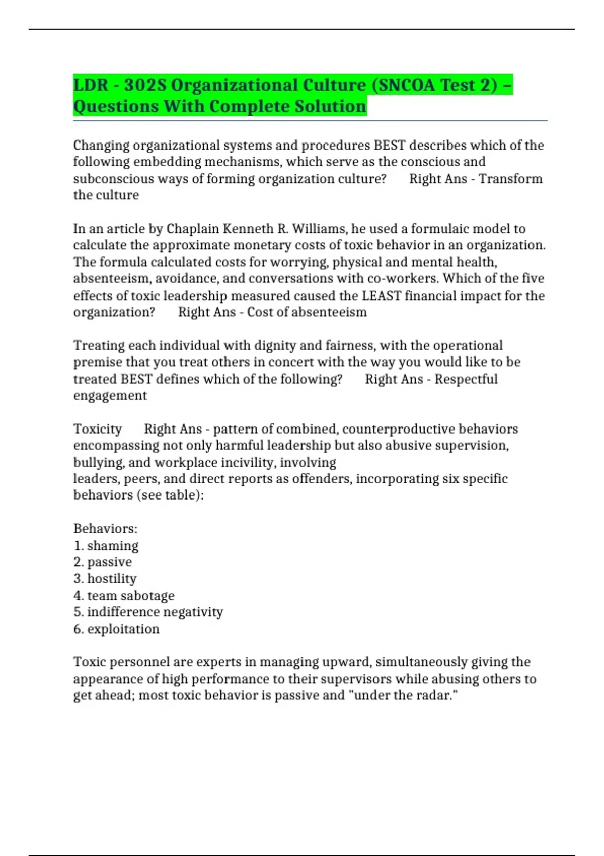 LDR - 302S Organizational Culture (SNCOA Test 2) – Questions With ...