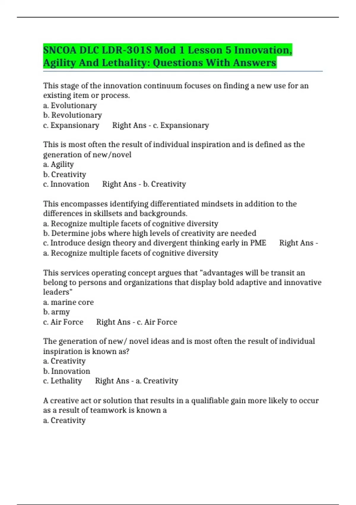 SNCOA DLC LDR-301S Mod 1 Lesson 5 Innovation, Agility And Lethality ...