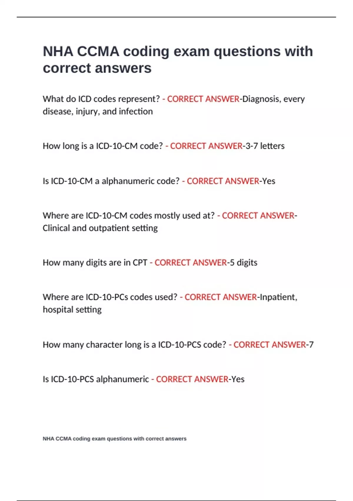 NHA CCMA coding exam questions with correct answers - NHA CCMA - Stuvia US