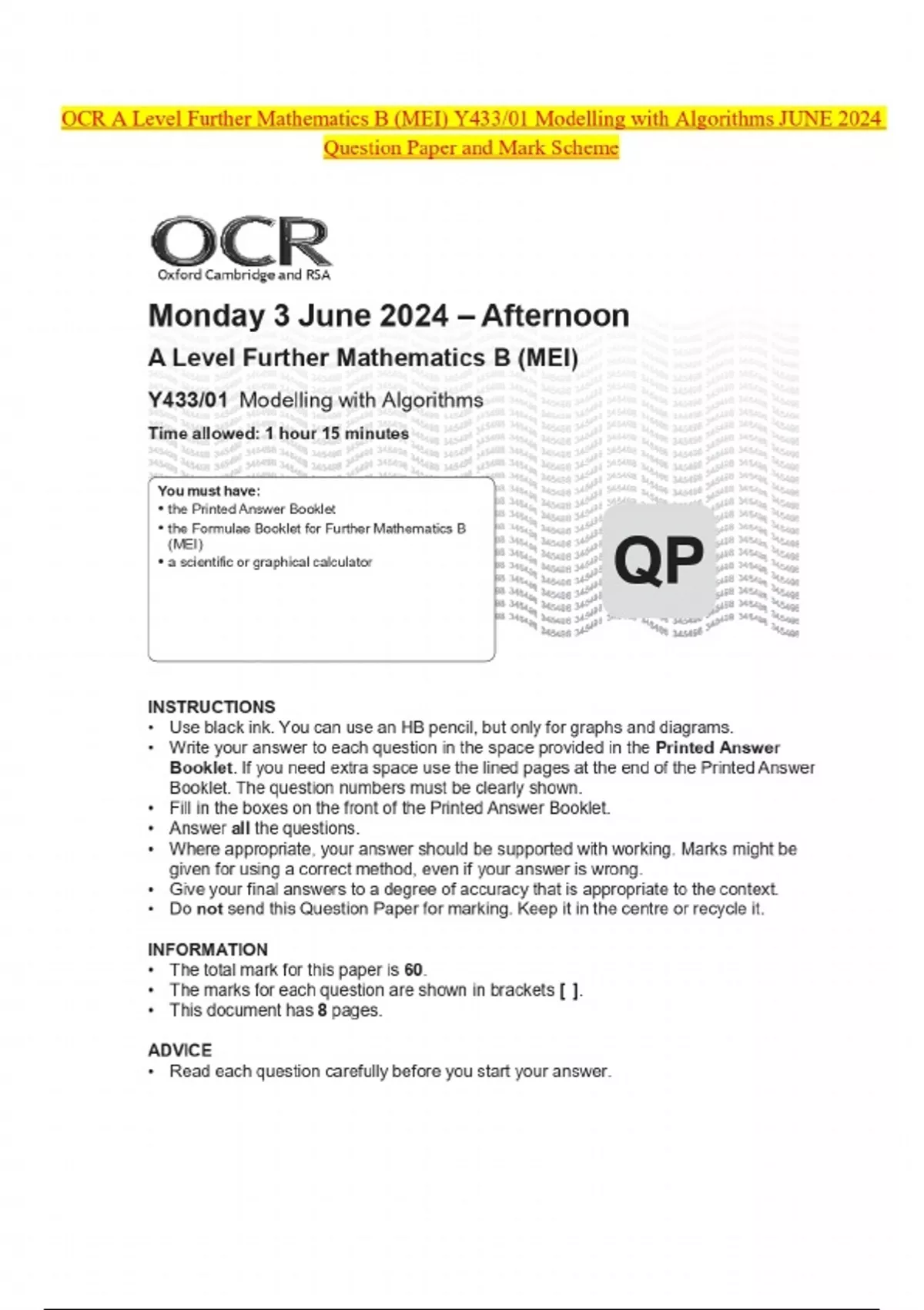 OCR A Level Further Mathematics B (MEI) Y433/01 Modelling with Algorithms JUNE 2024 Question ...