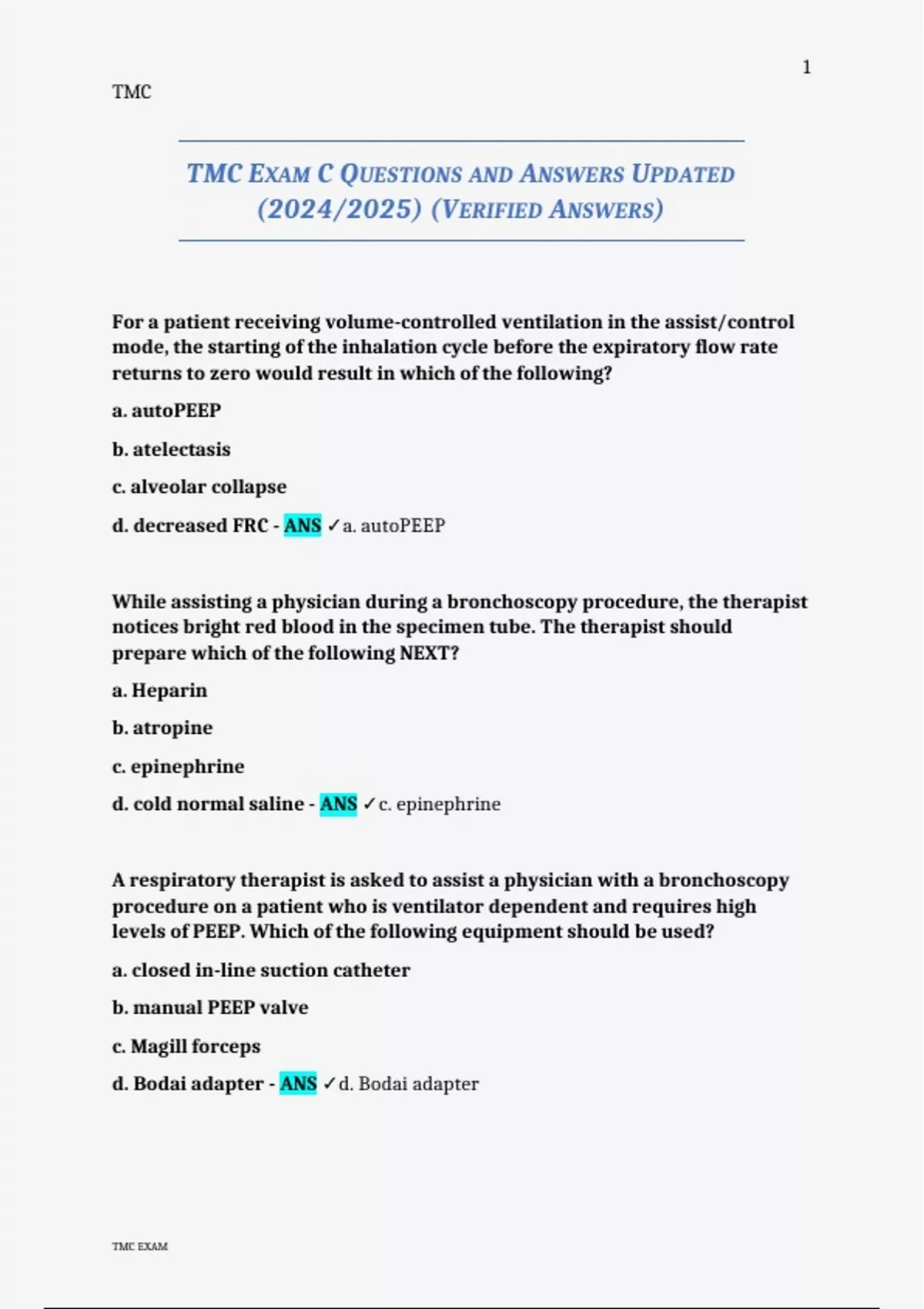 TMC EXAM C QUESTIONS AND ANSWERS UPDATED (2024/2025) (VERIFIED ANSWERS ...
